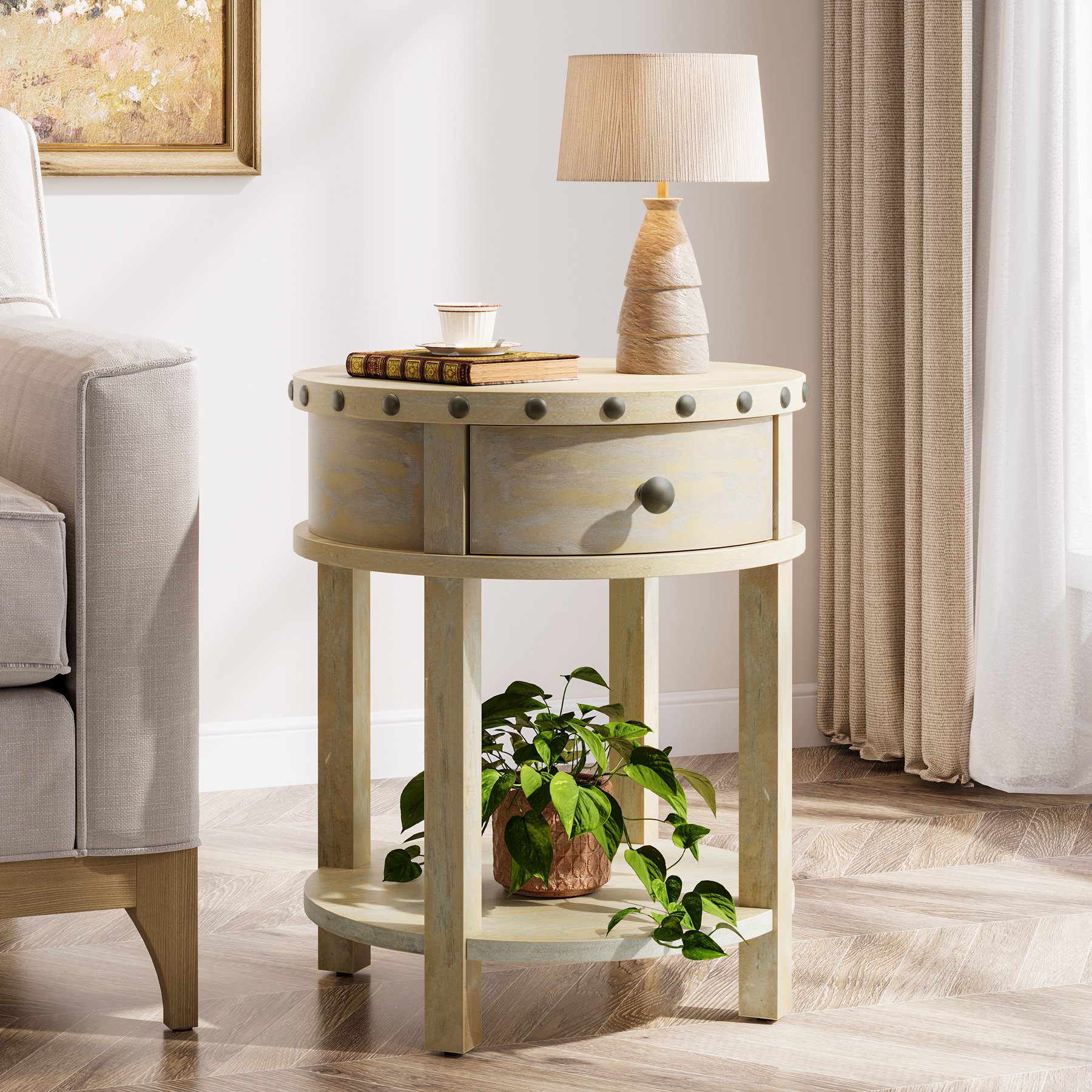 Lark Manor™ Round Wood End Table Set of 2, Side Table with Drawer ...