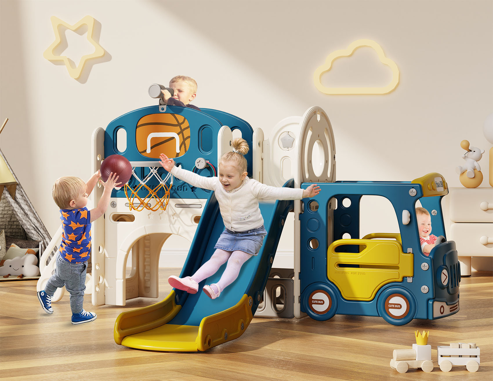 Suteck 10 in 1 Toddler Slide, Kids Slide with Climber and Bus Playhouse ...