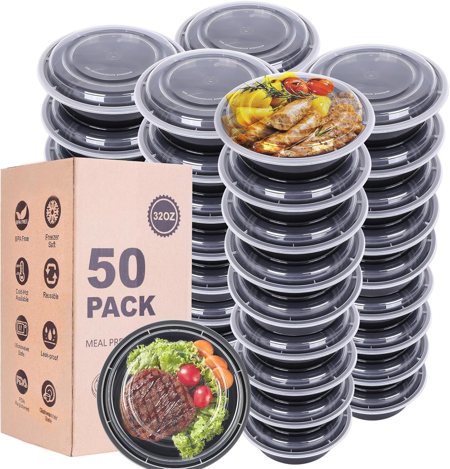 Prep & Savour Meal Prep Containers with Lids - 50Pack 32OZ Meal Prep ...