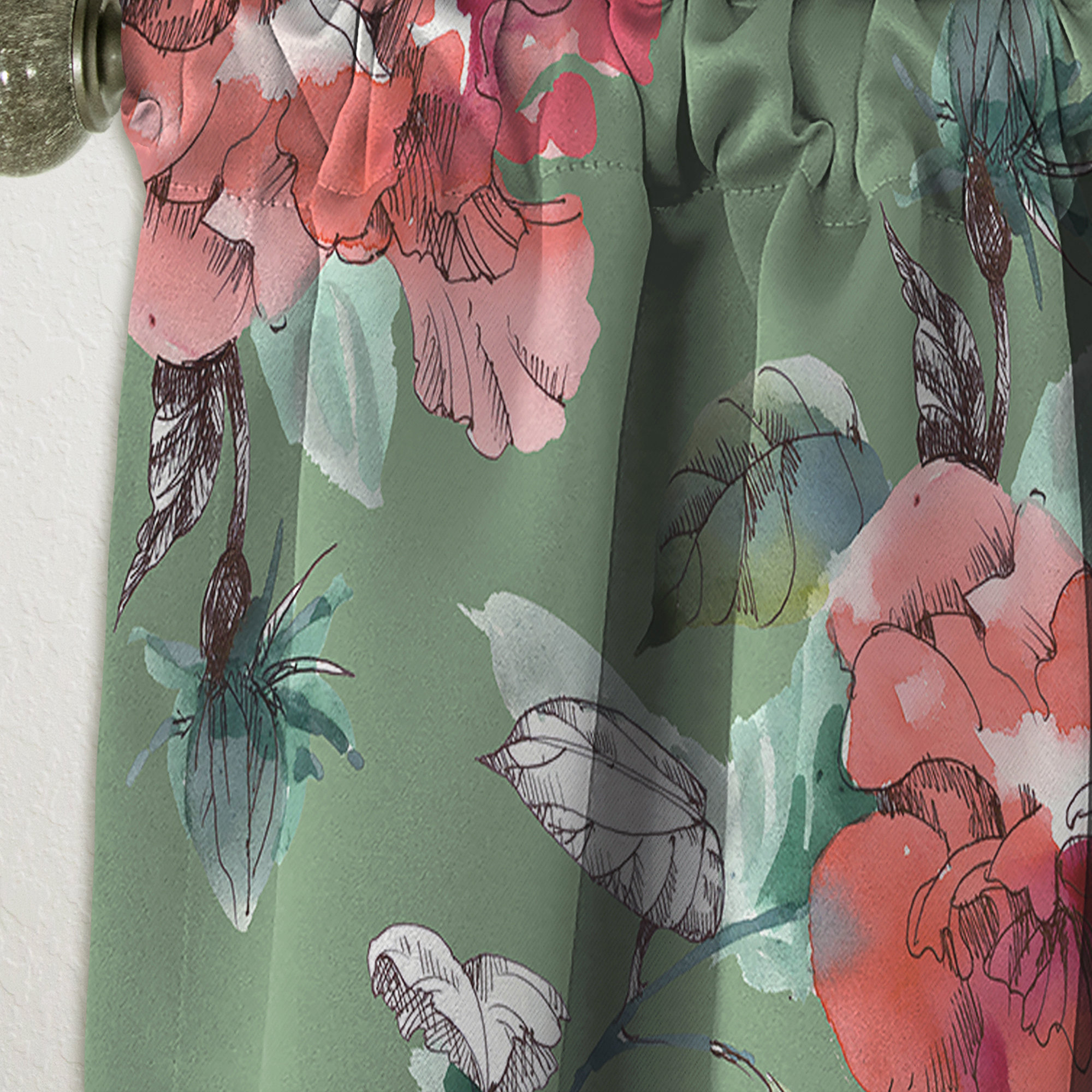 East Urban Home Red Flowers in Green Background - Floral Blackout ...