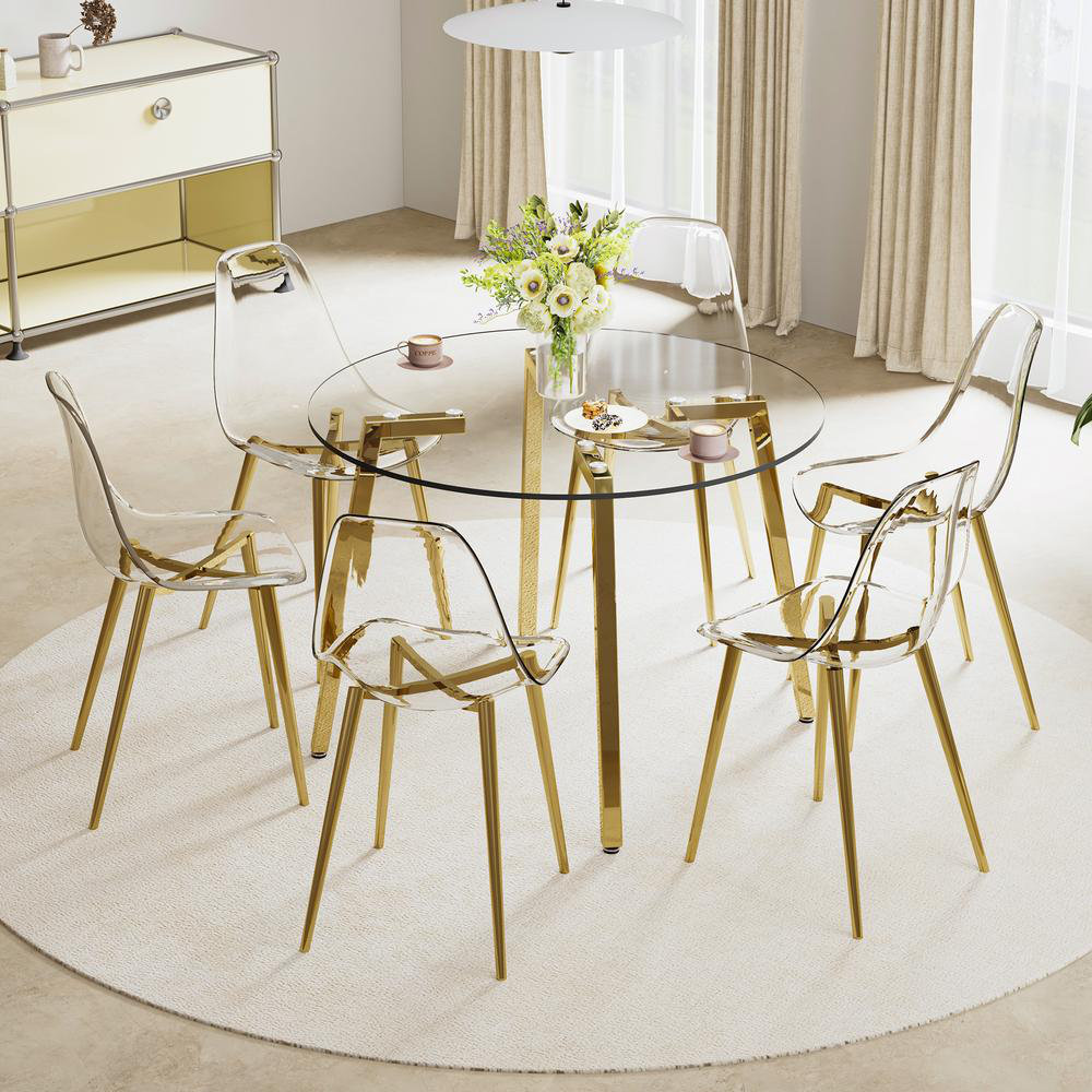 Everly Quinn Modern Luxurious Round Tempered Glass Dining Table with 6 ...
