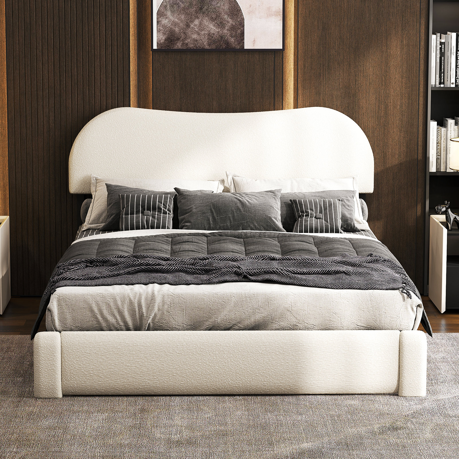 Ebern Designs Boucle Bed Frame, Upholstered Bed Frame With Headboard, Soft Cloud Bed Frame With ...