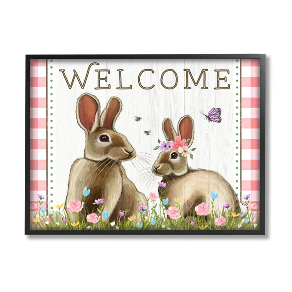 Stupell Industries Welcome Plaid Spring Garden Rabbits Framed On Wood ...