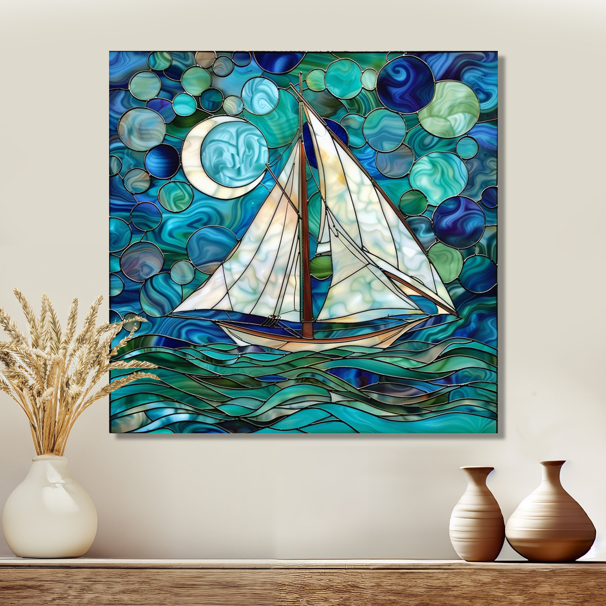 Breakwater Bay Sailboat Ocean Sky Circles Of Green And Blue - Boat Wall Art Living Room | Wayfair