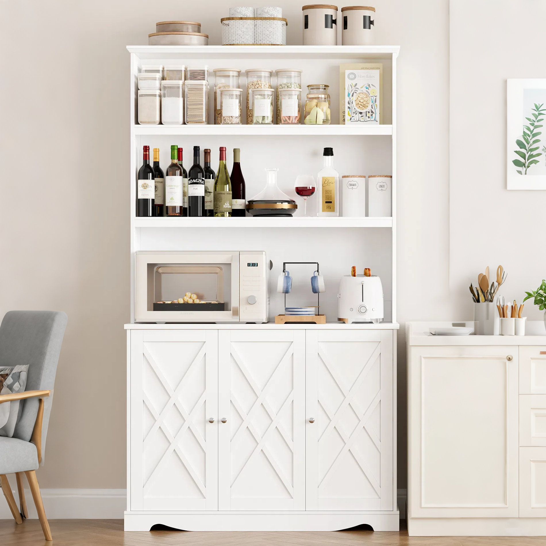 Gracie Oaks 72" H Kitchen Pantry with Countertop, 2 Large Cabinets and ...