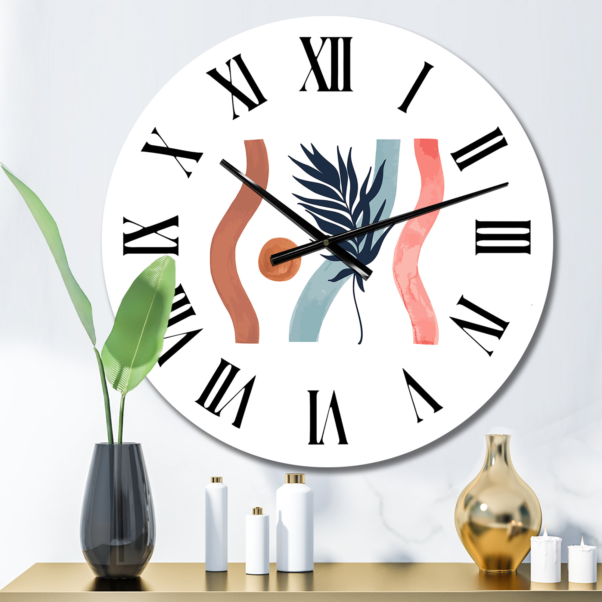 East Urban Home Tropical Leaf and Wavy Stripes - Tropical Wall Clock ...