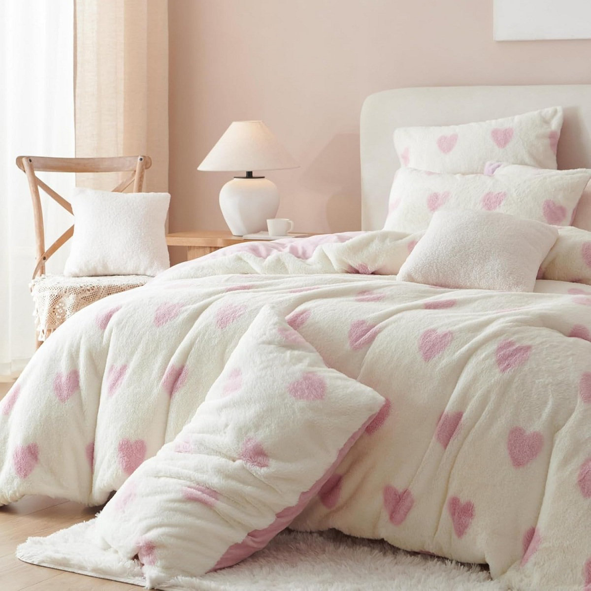 Nayoroom Plush Bedding Set Heart Love Faux Fur Fluffy Winter Bedding ...