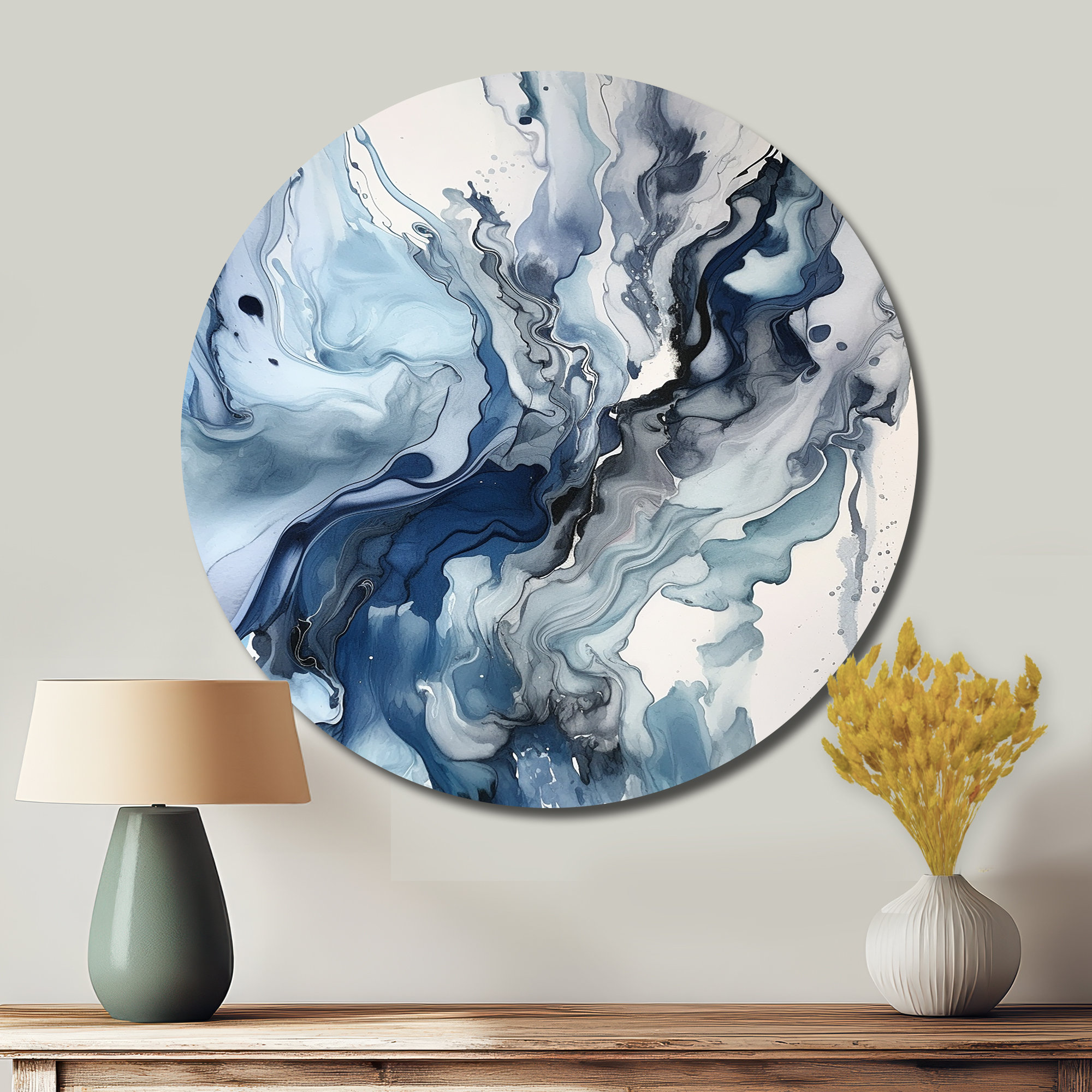 Design Art Blue And Grey Ethereal Elixir II - Abstract Round Metal Art ...