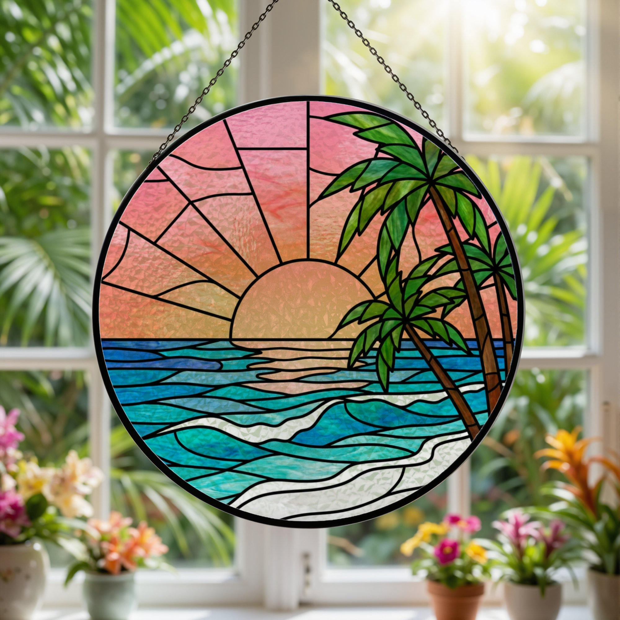 Highland Dunes 7.8"H Sunset Beach Stained Glass Window Panel | Wayfair