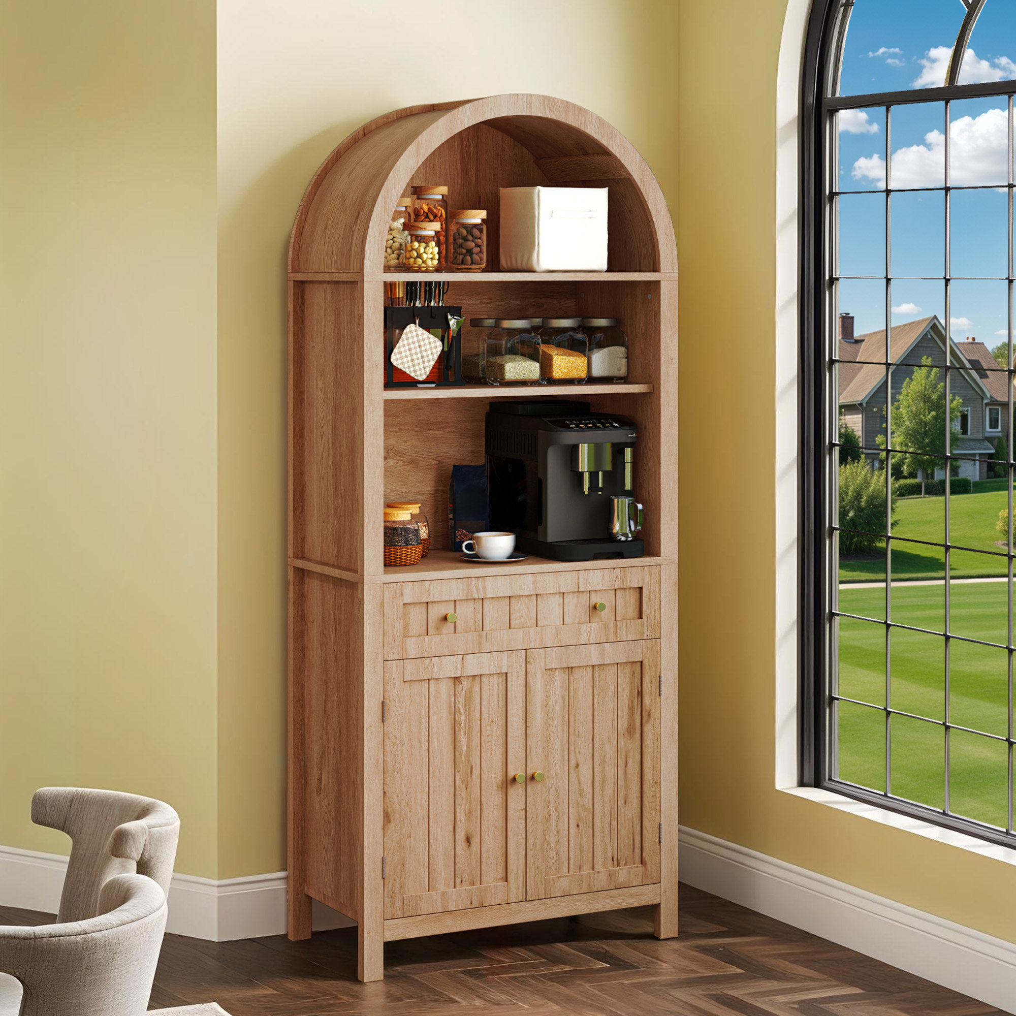 Gracie Oaks 73" Tall Arched Kitchen Display Cabinet | Wayfair