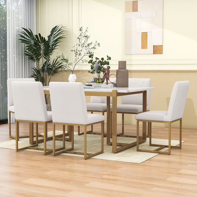 Everly Quinn Zanyn 7-Piece Dining Set, Rectangular Table with Faux ...