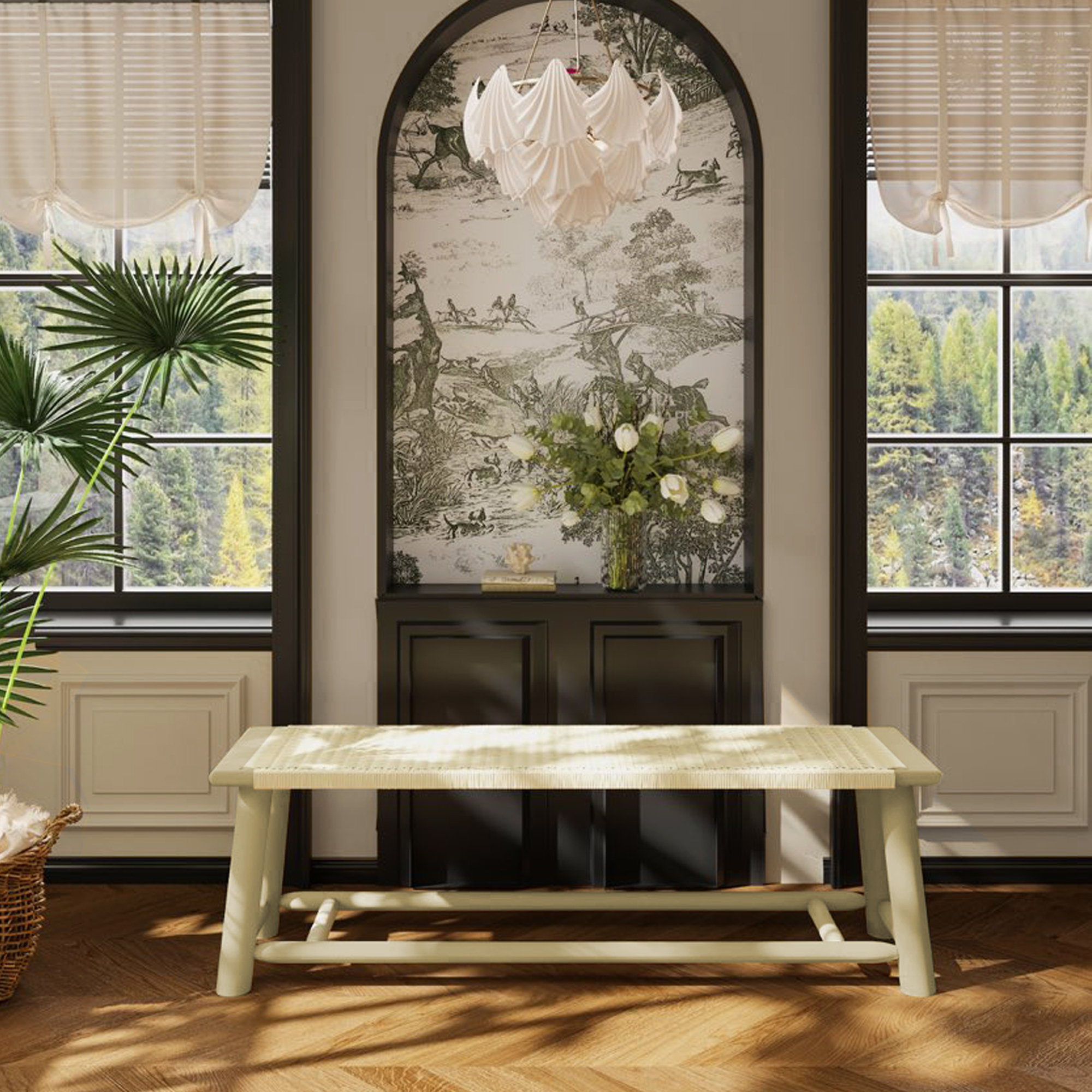 George Oliver Modern Farmhouse Solid Wood and Woven Rattan Bench – 59-Inch Multi-Purpose Indoor ...