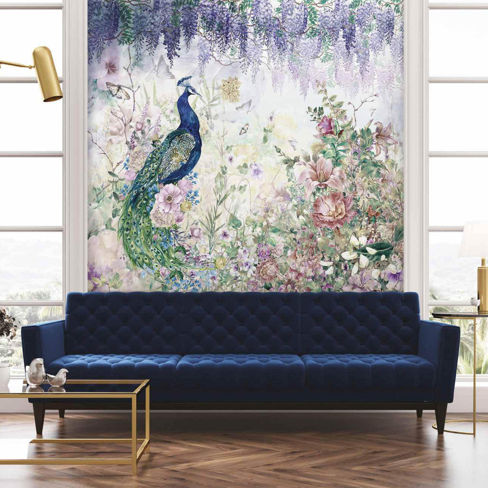 GK Wall Design Peacock Wallpaper Mural With Floral And Wisteria Accents ...