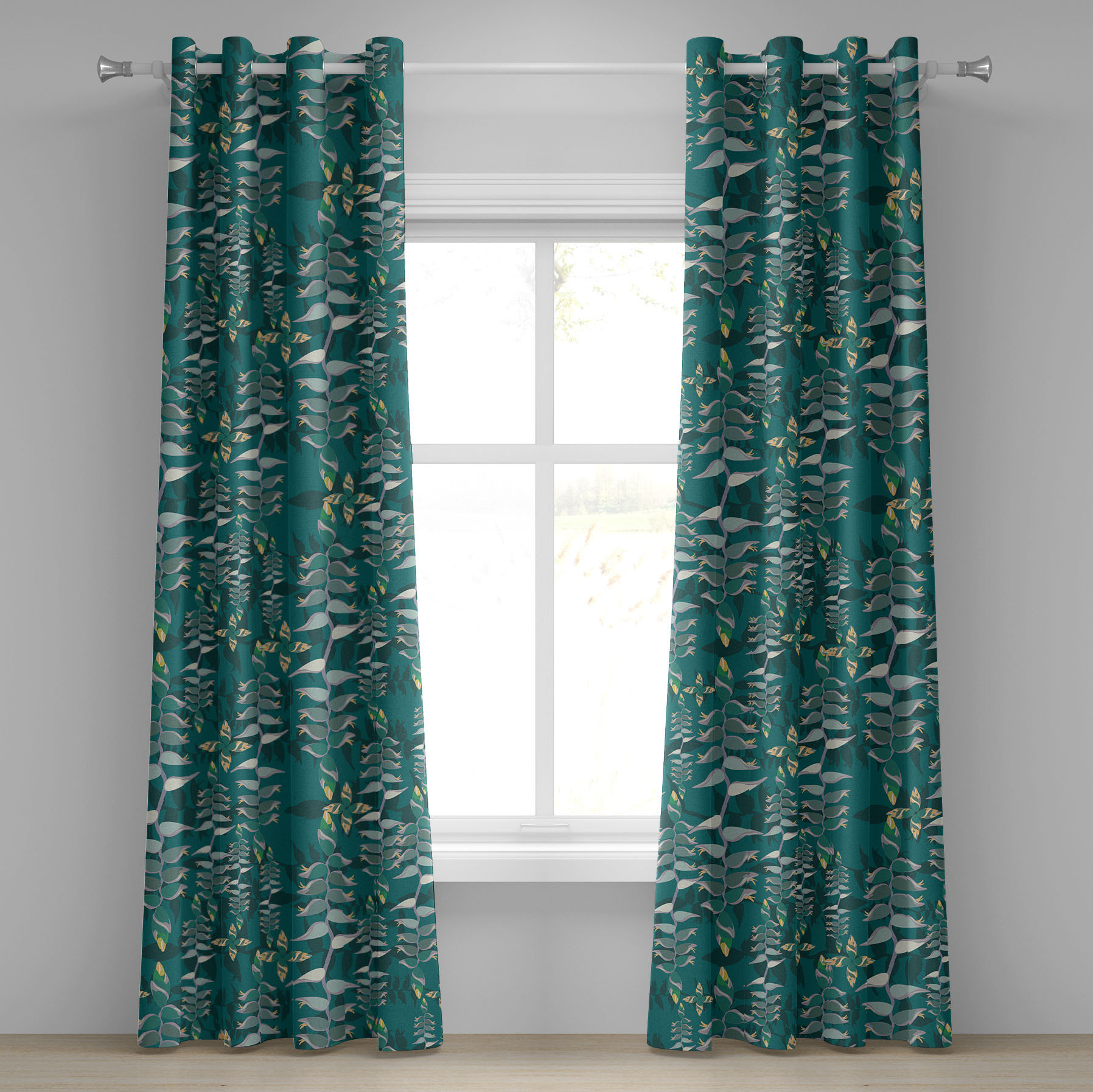 Dakota Fields Leaves Greenery Grommet Curtain Fantasy Leafy Art Teal Cadet Blue and Mustard ...