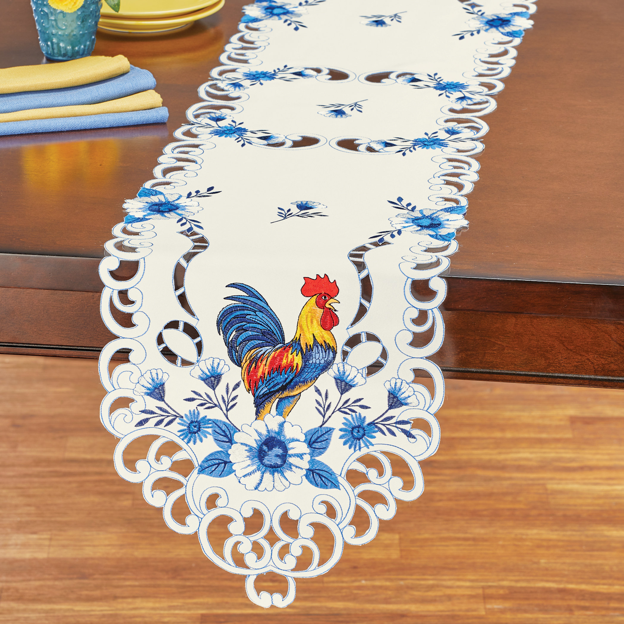 Winston Brands Embroidered Country Blue Rooster Daisy Table Linens ...