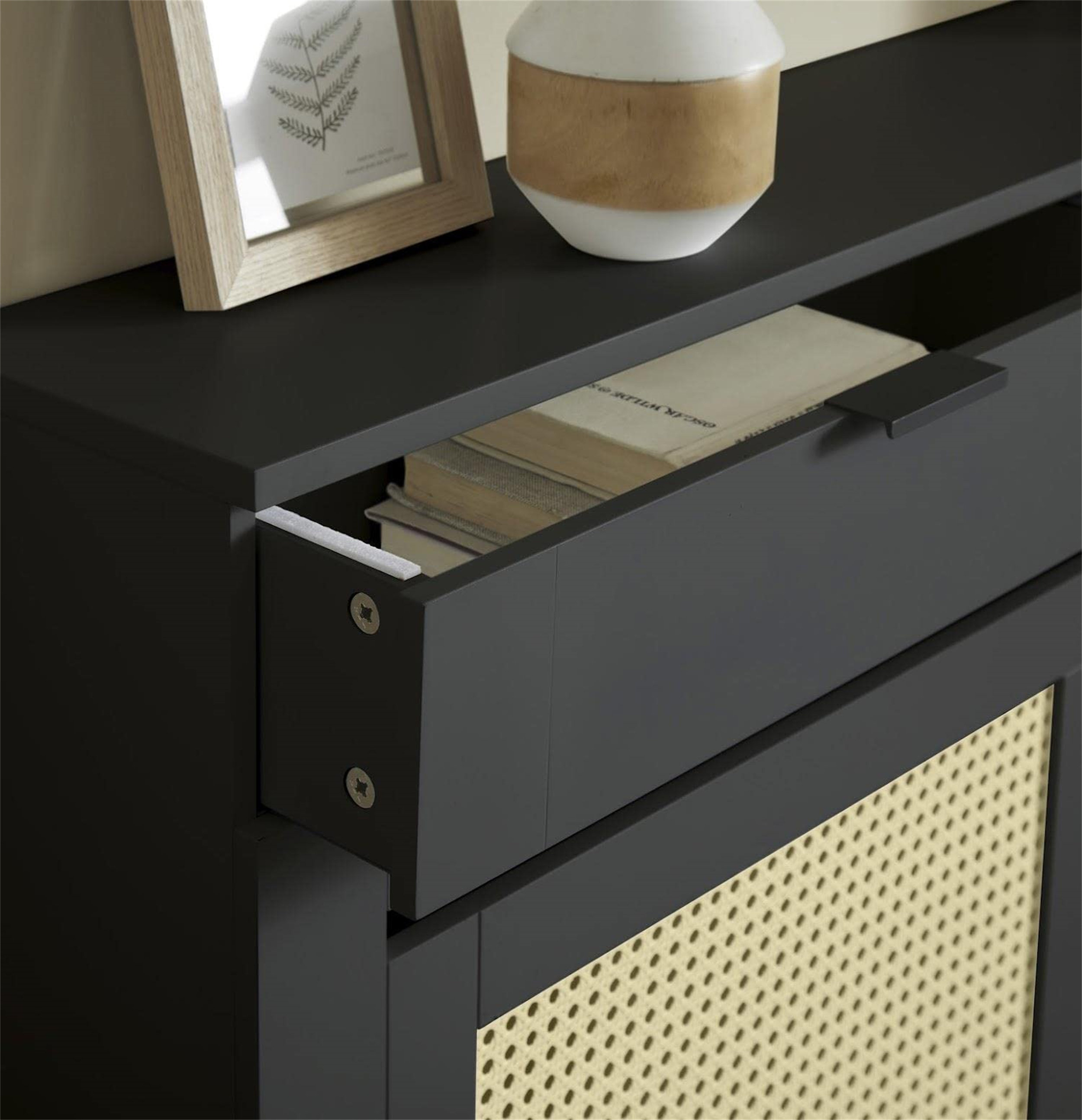 ELEP Radiator Cover Black Painted & Rattan MDF Cabinet Horizontal Slat ...