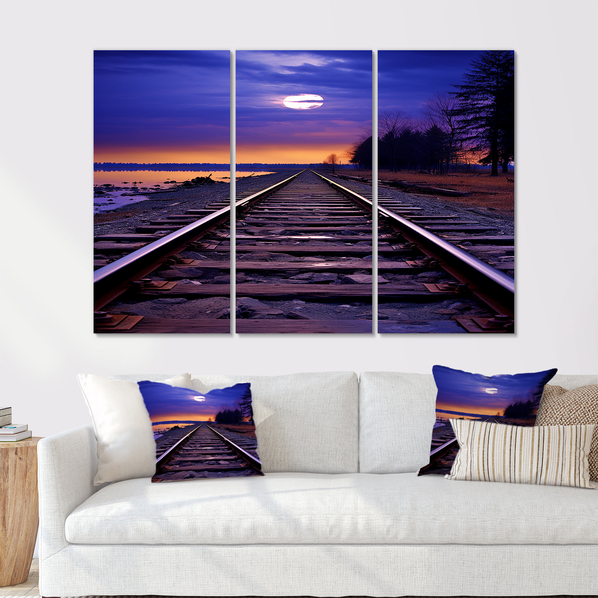 Latitude Run® Purple Train Tracks To The Full Moon - Train Wall Art ...