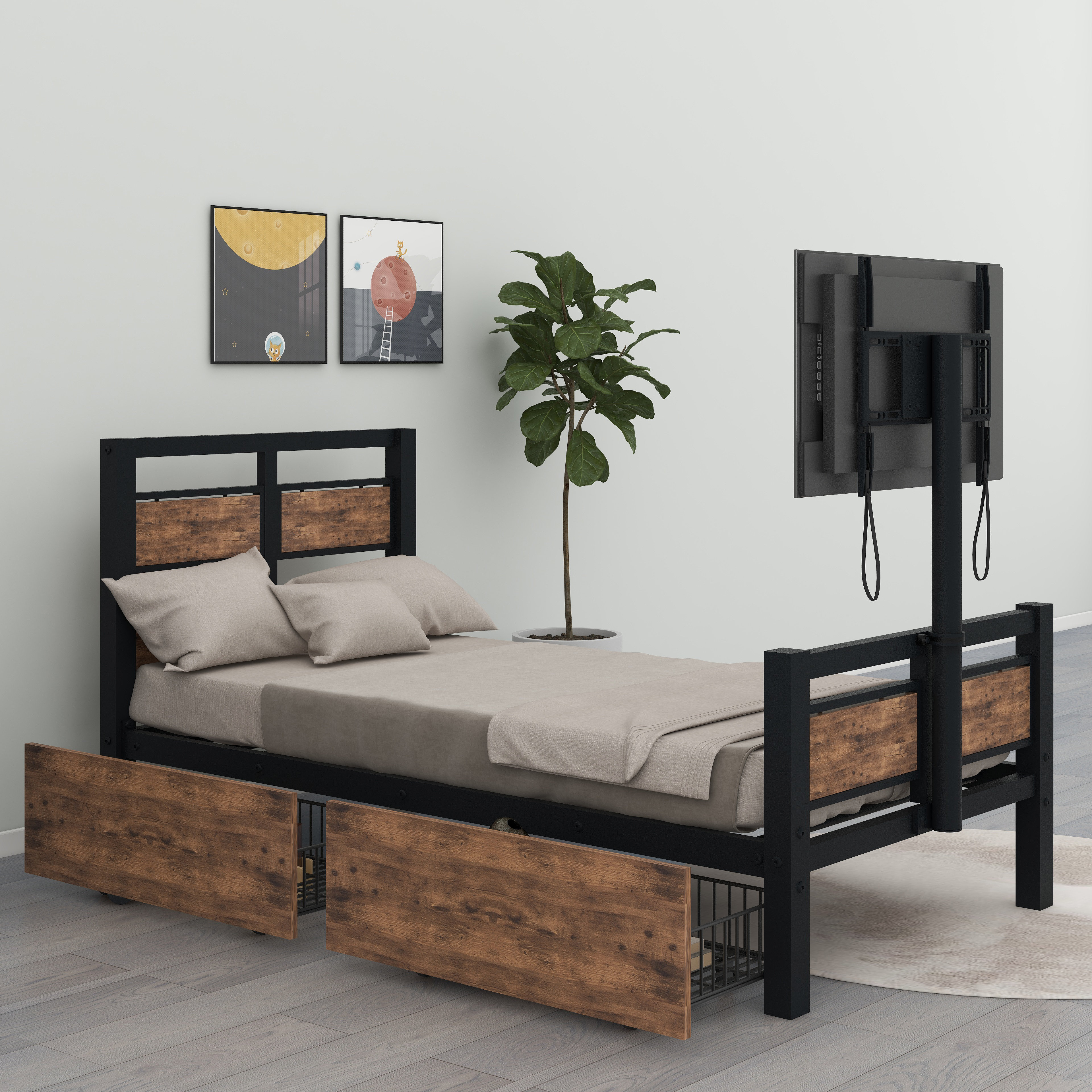 Munora Twin Metal Platform Bed with Two Drawers and Rotatable TV Stand ...