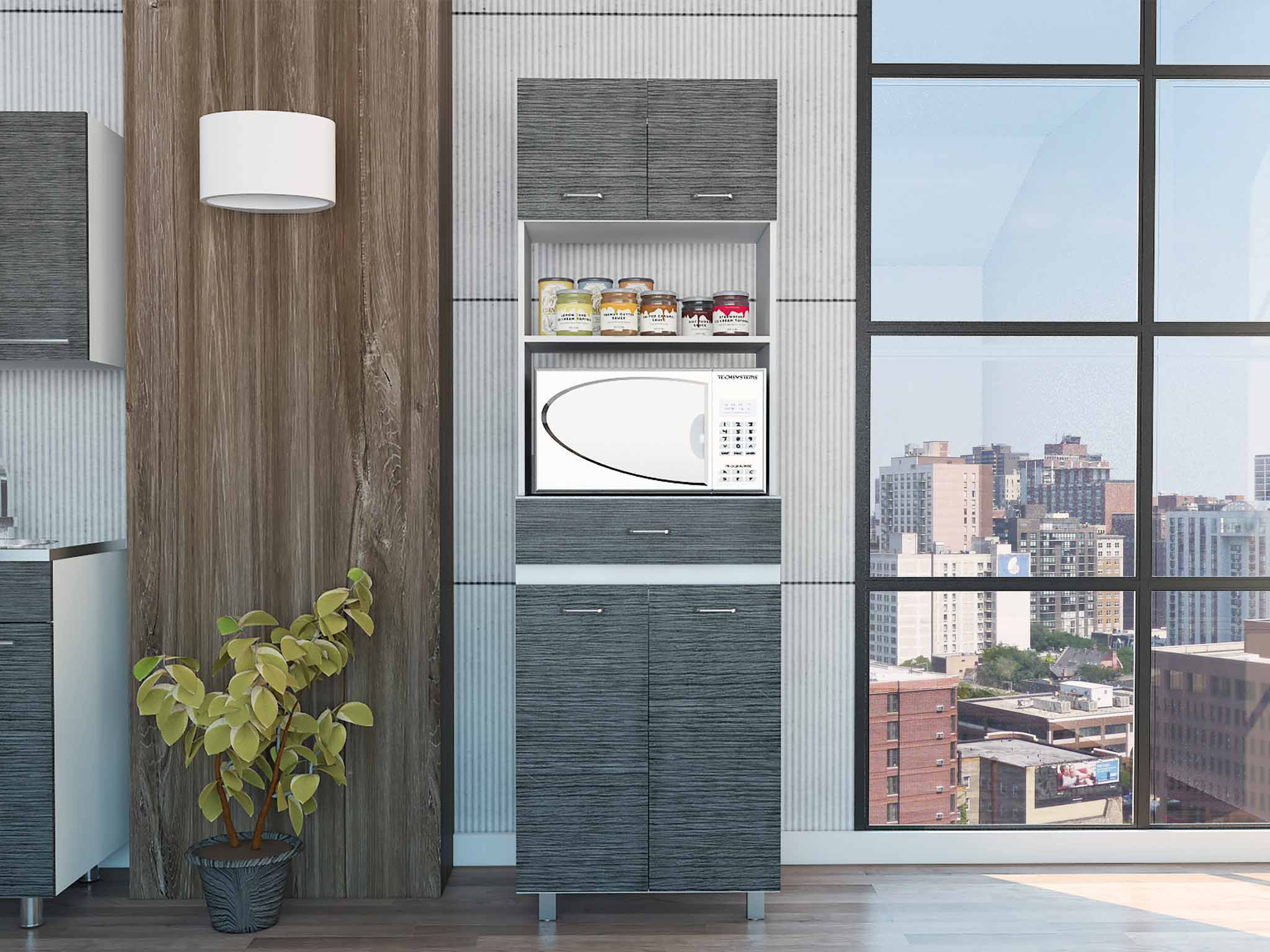 Latitude Run® Auburn Microwave Pantry with 2 Cabinets, 2 Open Shelves ...