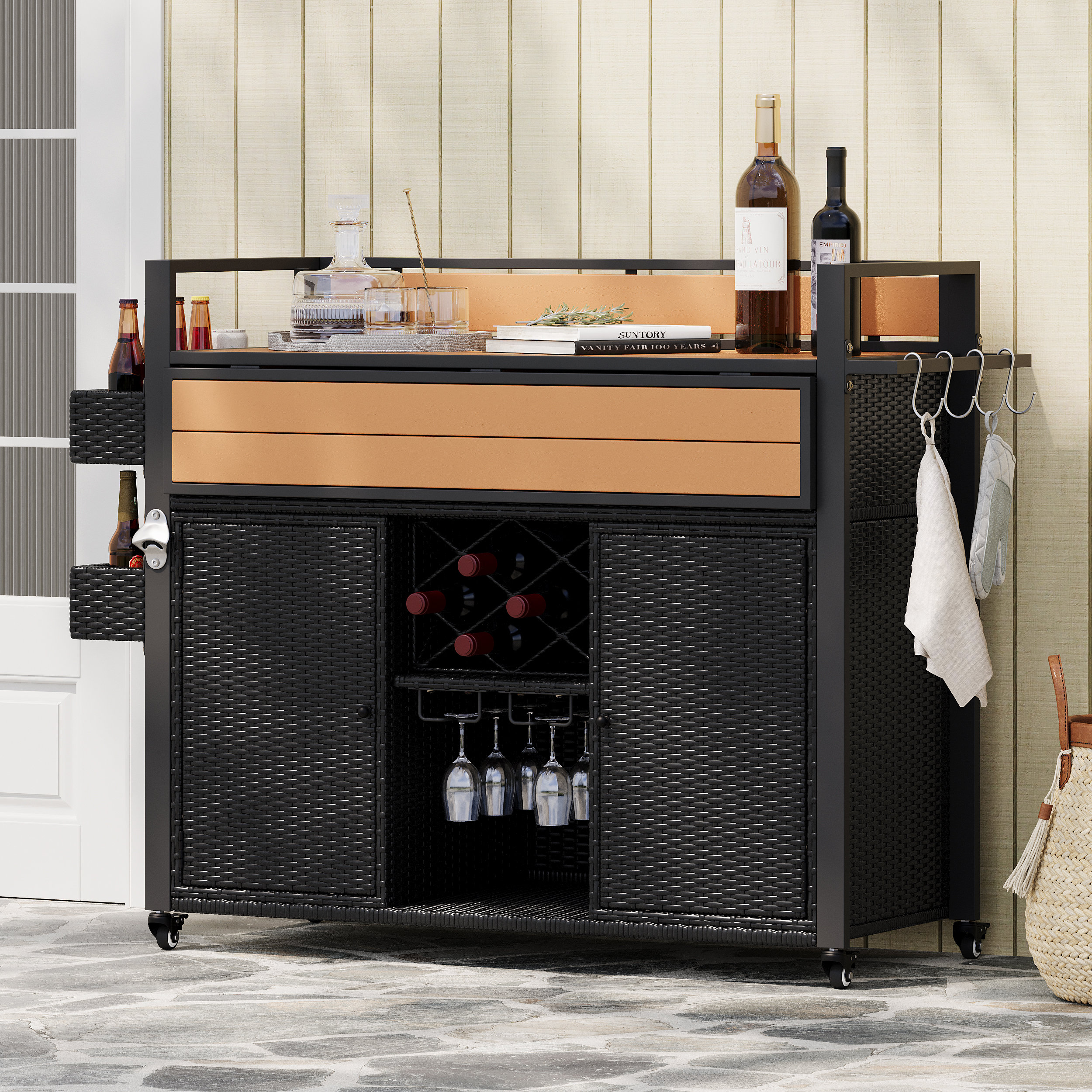Latitude Run® Outdoor Kitchen Wicker Island Rolling Cart Bar Table & Storage Cabinet, Wheels And ...