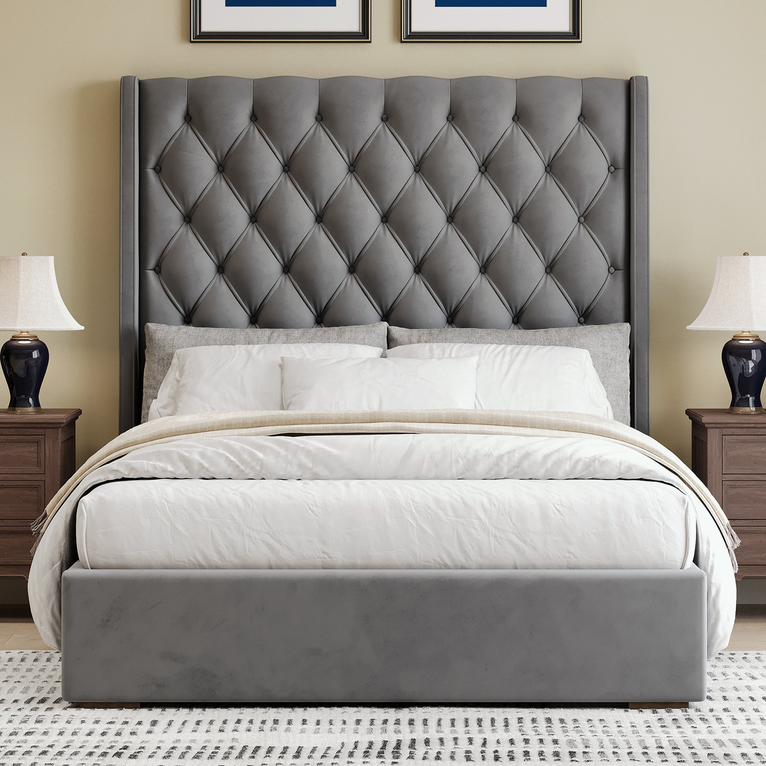 hanada Tall Headboard Upholstered Bed with Handmade Deep Button Tufted ...