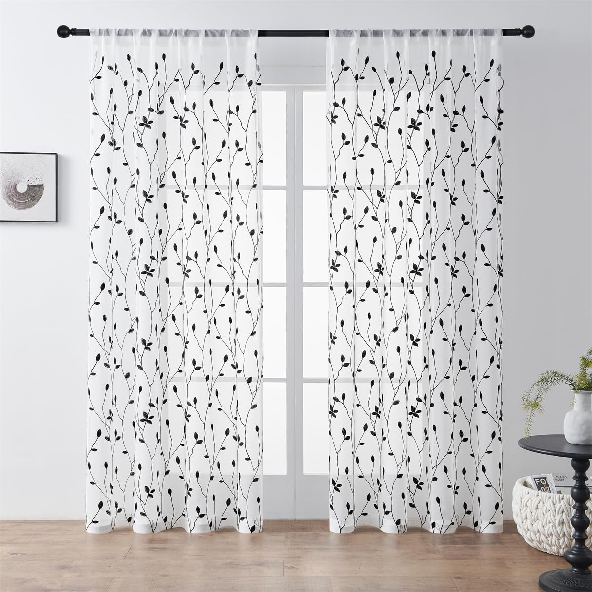 Winston Porter Leaf Pattern Embroidered Sheer Curtains, Semi Voile Rod ...