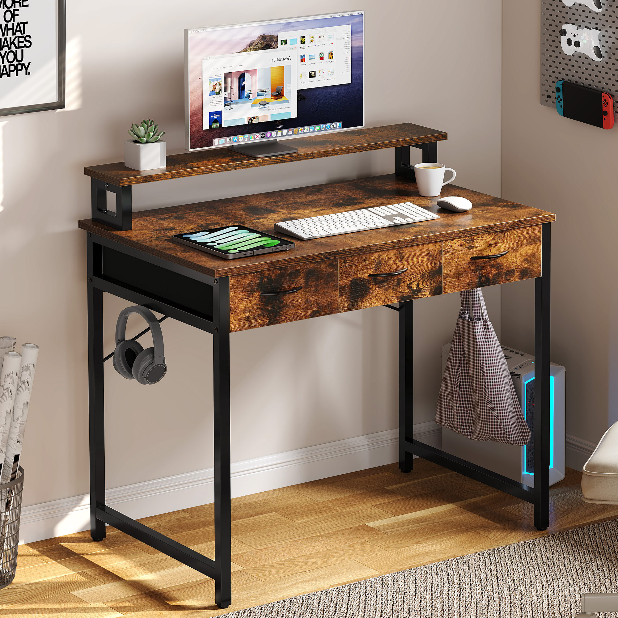 17 Stories 31.4'' W Small Computer Desk with Drawers, Monitor Stand ...
