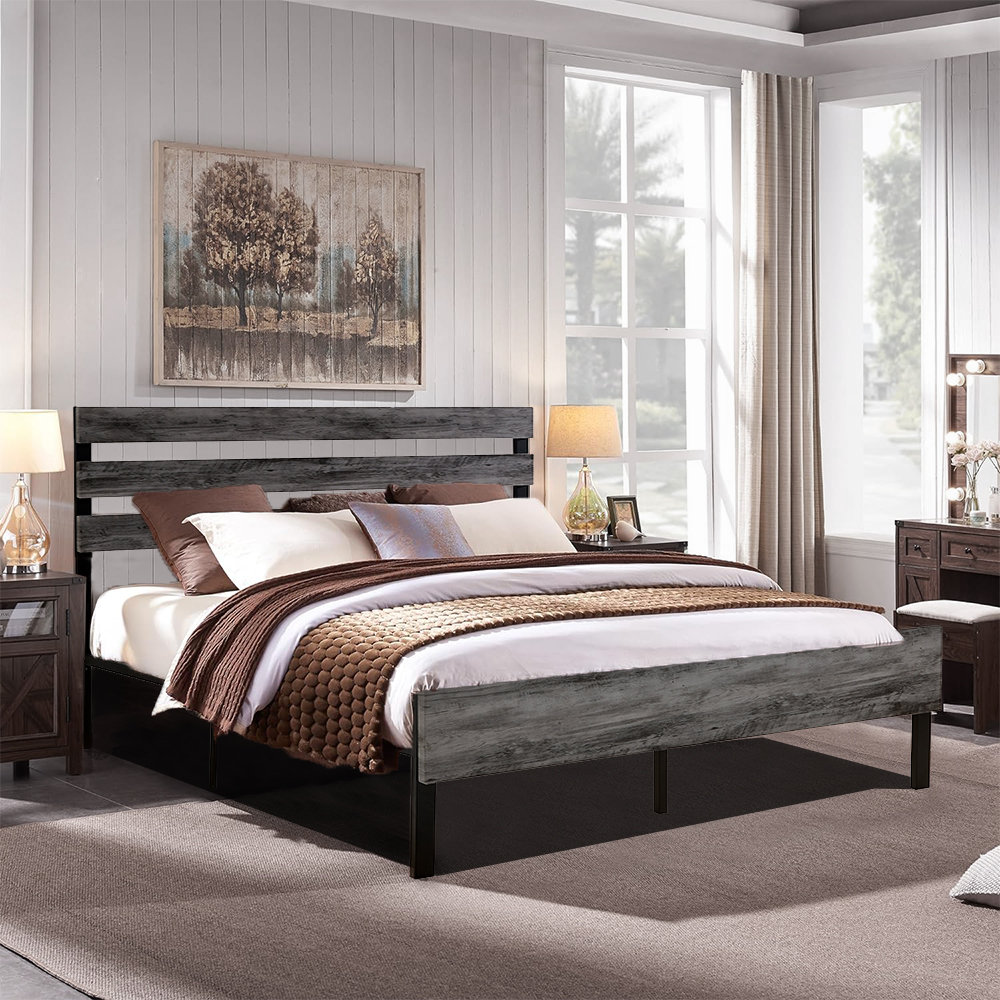 Ebern Designs 41.4"H Bed Frame with Wood Headboard and Footboard, with ...