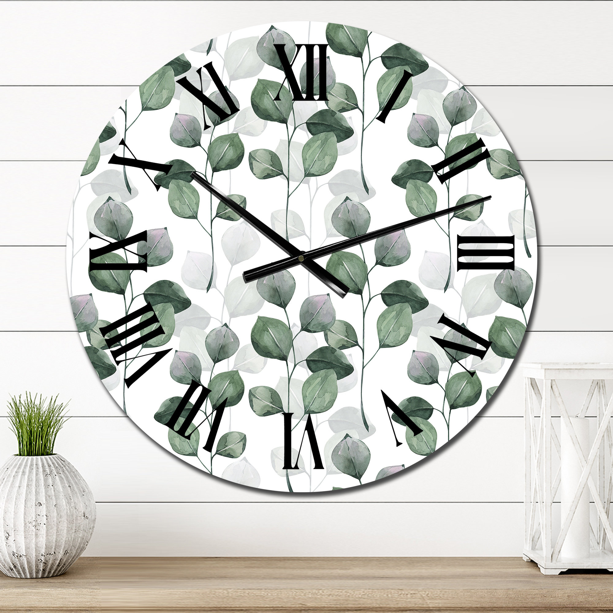 East Urban Home Eucalyptus Branch on White I - Patterned Wall Clock ...