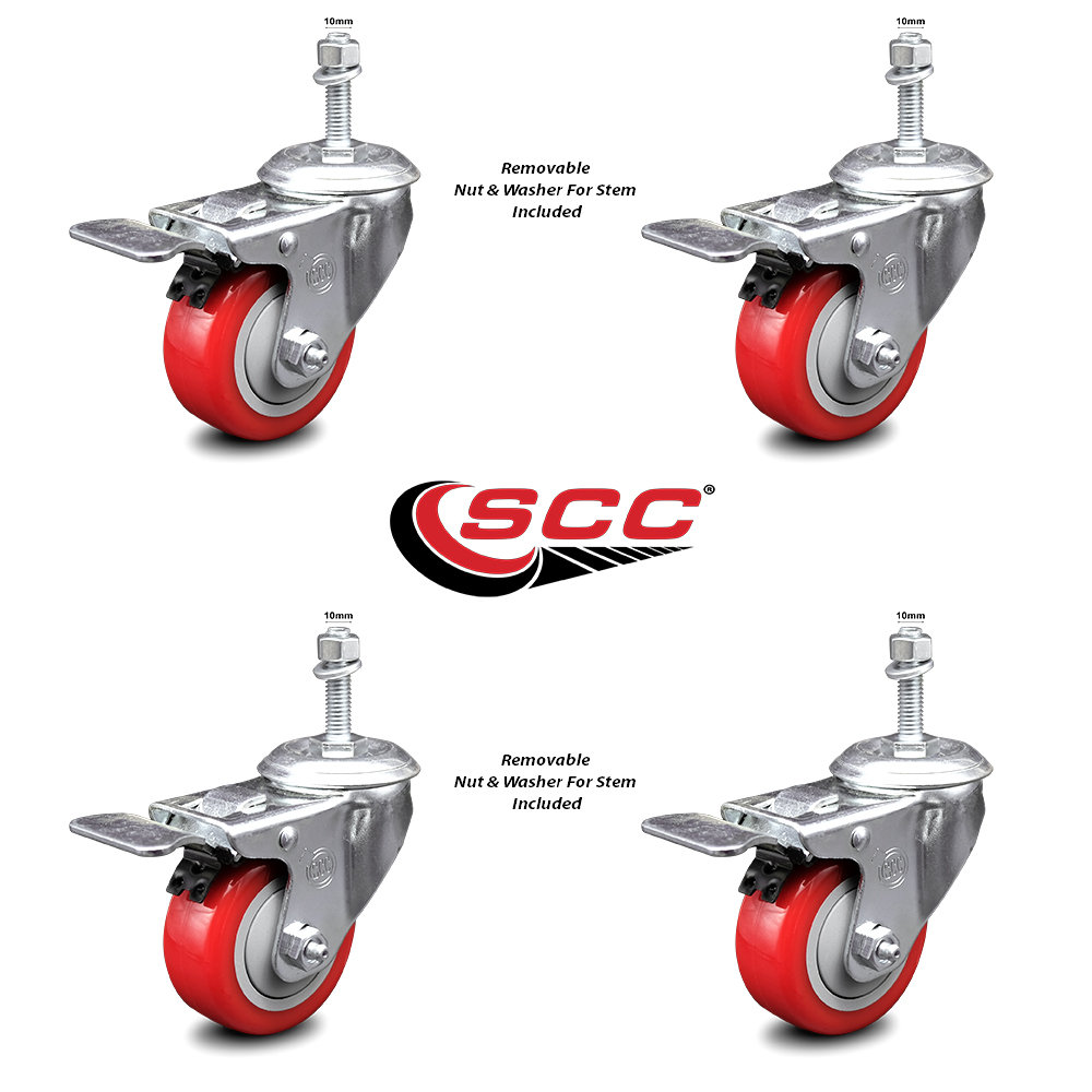 Service Caster Polyurethane Swivel 10mm Stem Caster Set with Total Lock ...