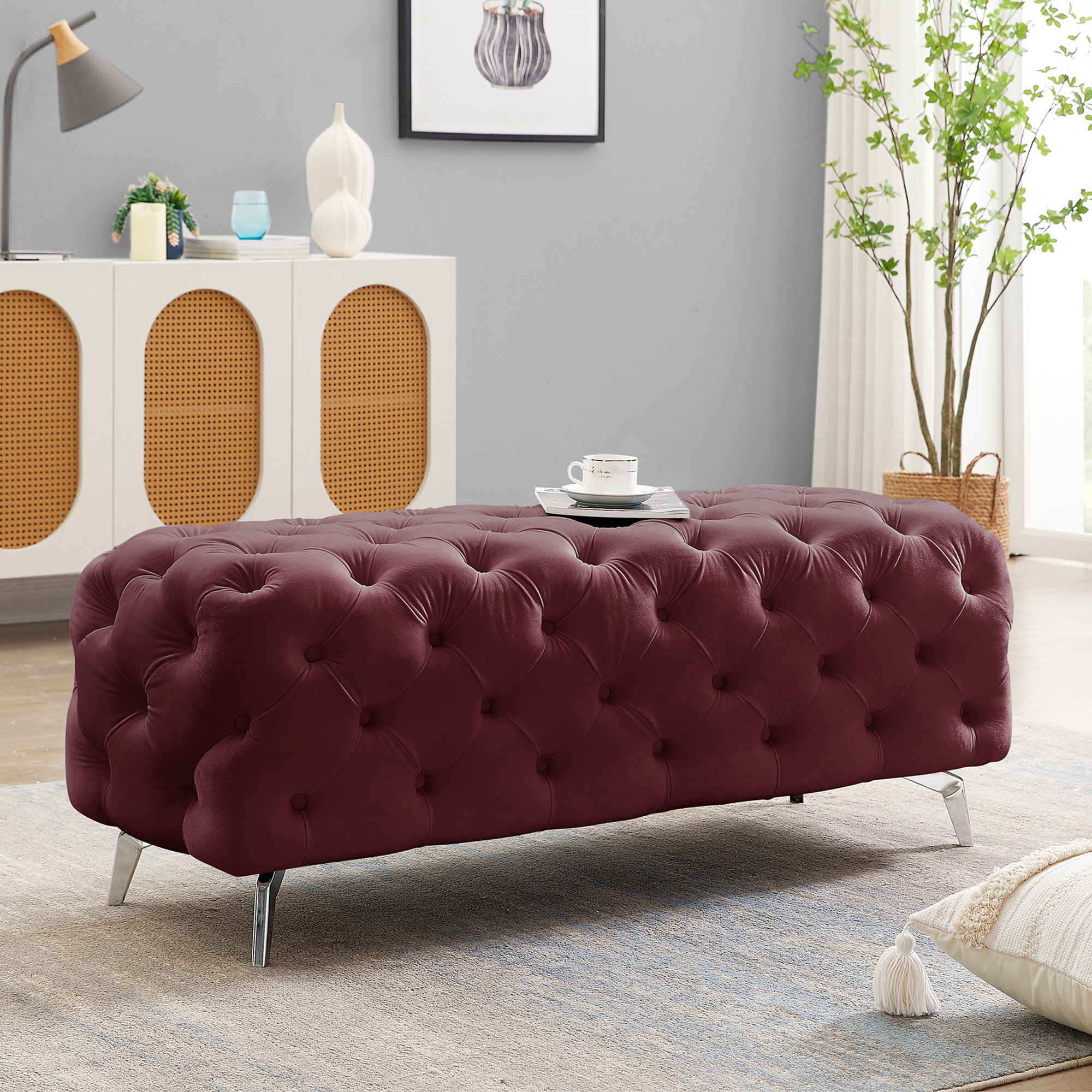 Rosdorf Park Velvet Accent Button-Tufted Ottoman Bench With Metal Legs ...