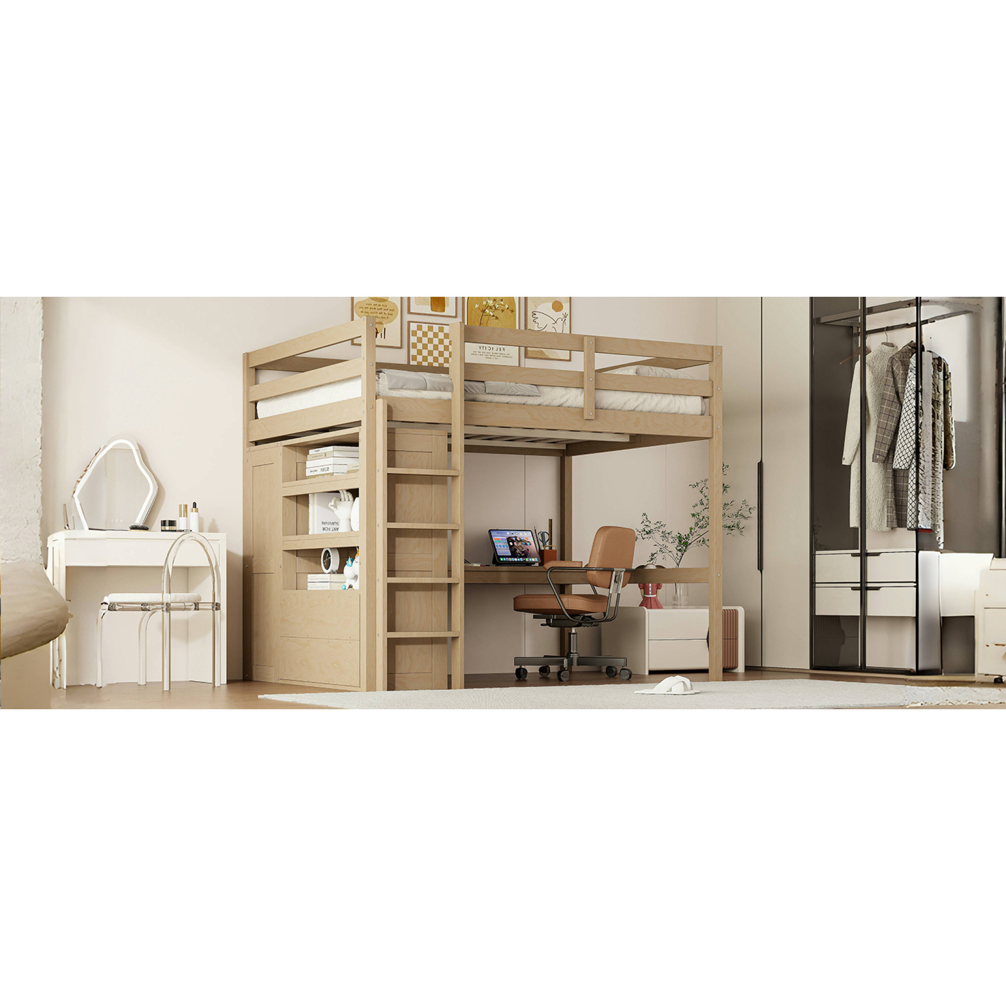 Latitude Run® Wood Full Size Loft Bed With Built-in Wardrobe, Desk ...