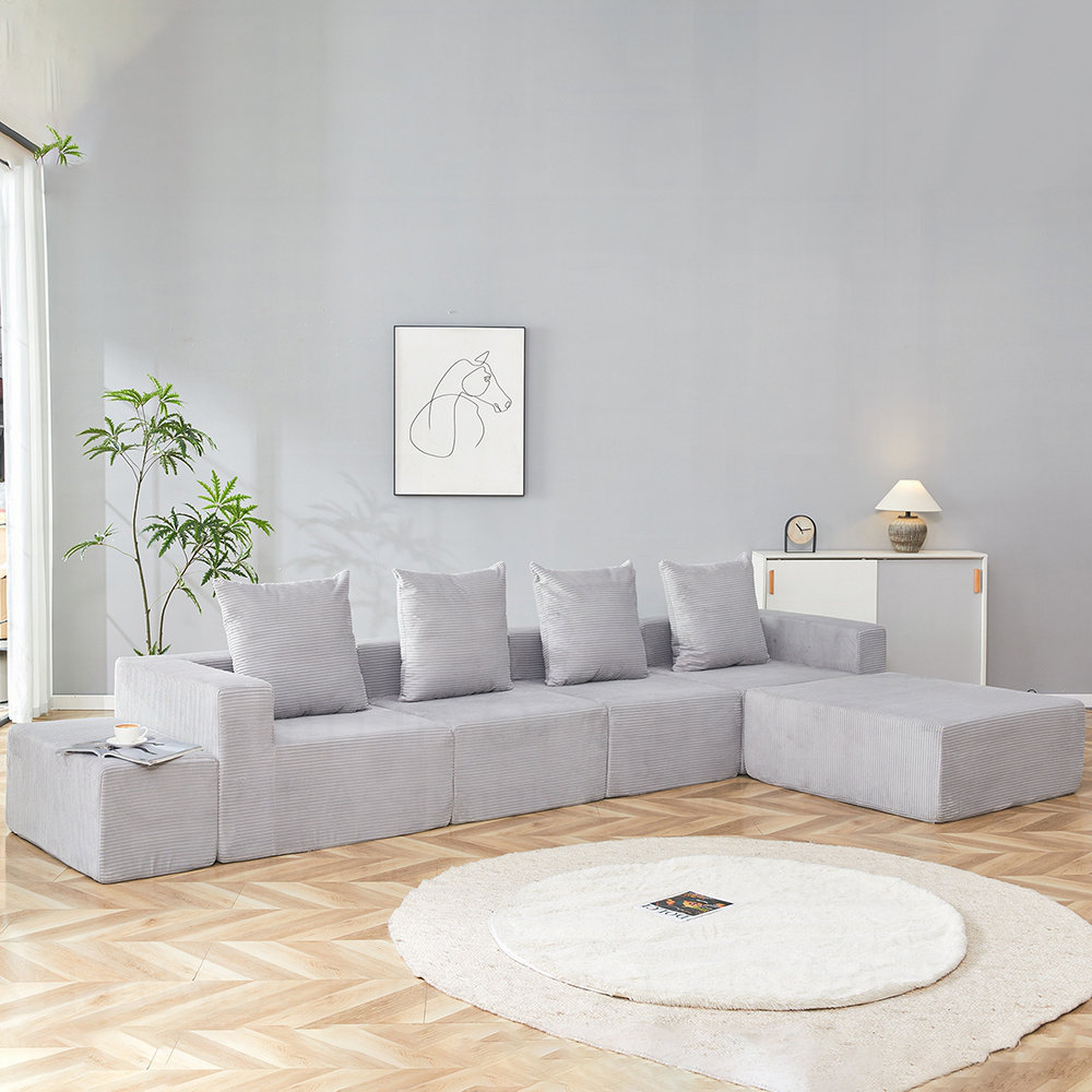 Latitude Run® Modular 4-Seat Sofa Set with 2 Ottomans, Premium Corduroy ...