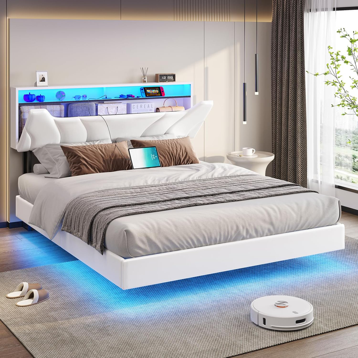 Wrought Studio Full Floating Bed Frame With Led Lights And Storage ...