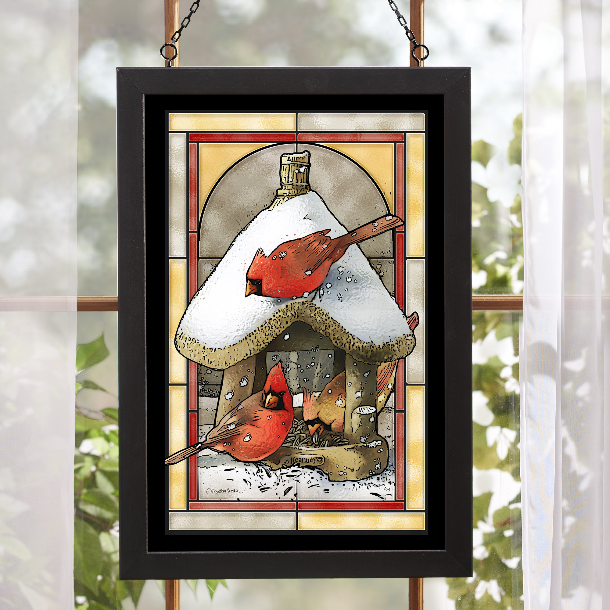 Canora Grey Cardinals at Birdfeeder Window Panel | Wayfair