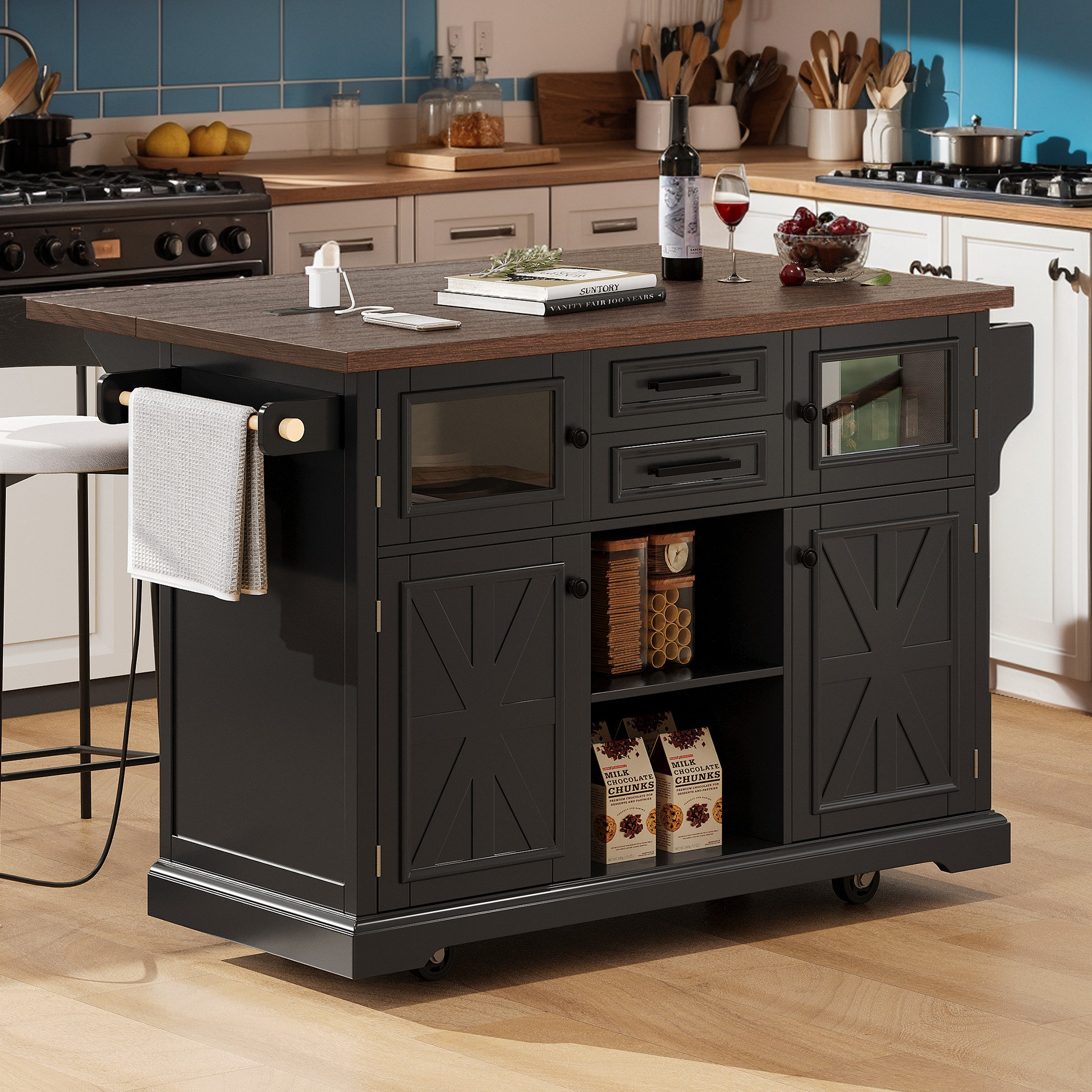 Lark Manor™ K&K 54.9" Kitchen Island with Drop Leaf, Power Outlet ...