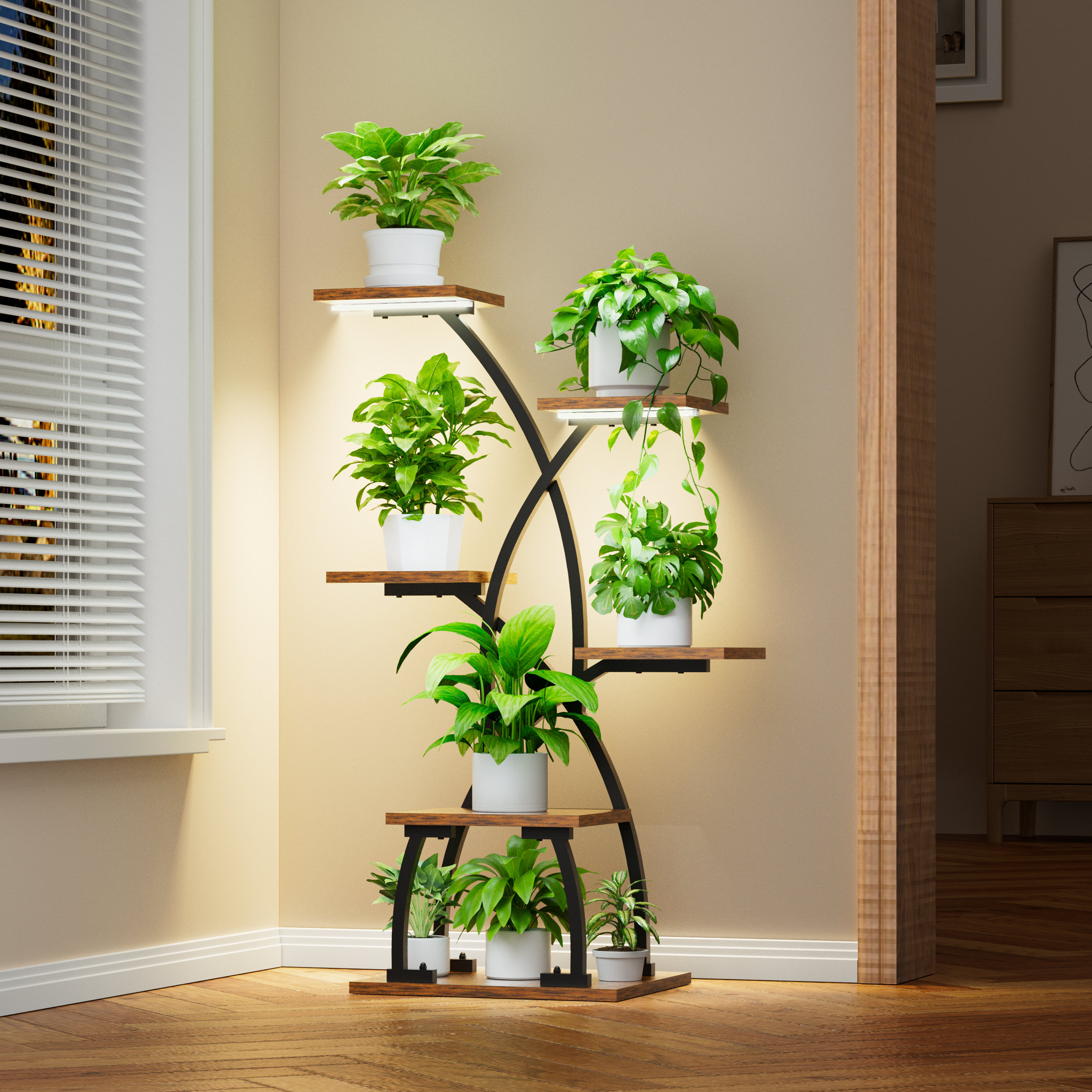 17 Stories 36" Matel Curved Plant Stand with Grow Light - 6 Tiered ...