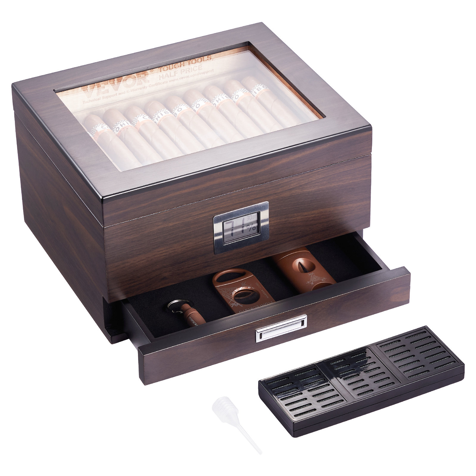VEVOR 50 Cigar Humidor Glasstop Cedar Cigar Box Humidifier & Hygrometer ...