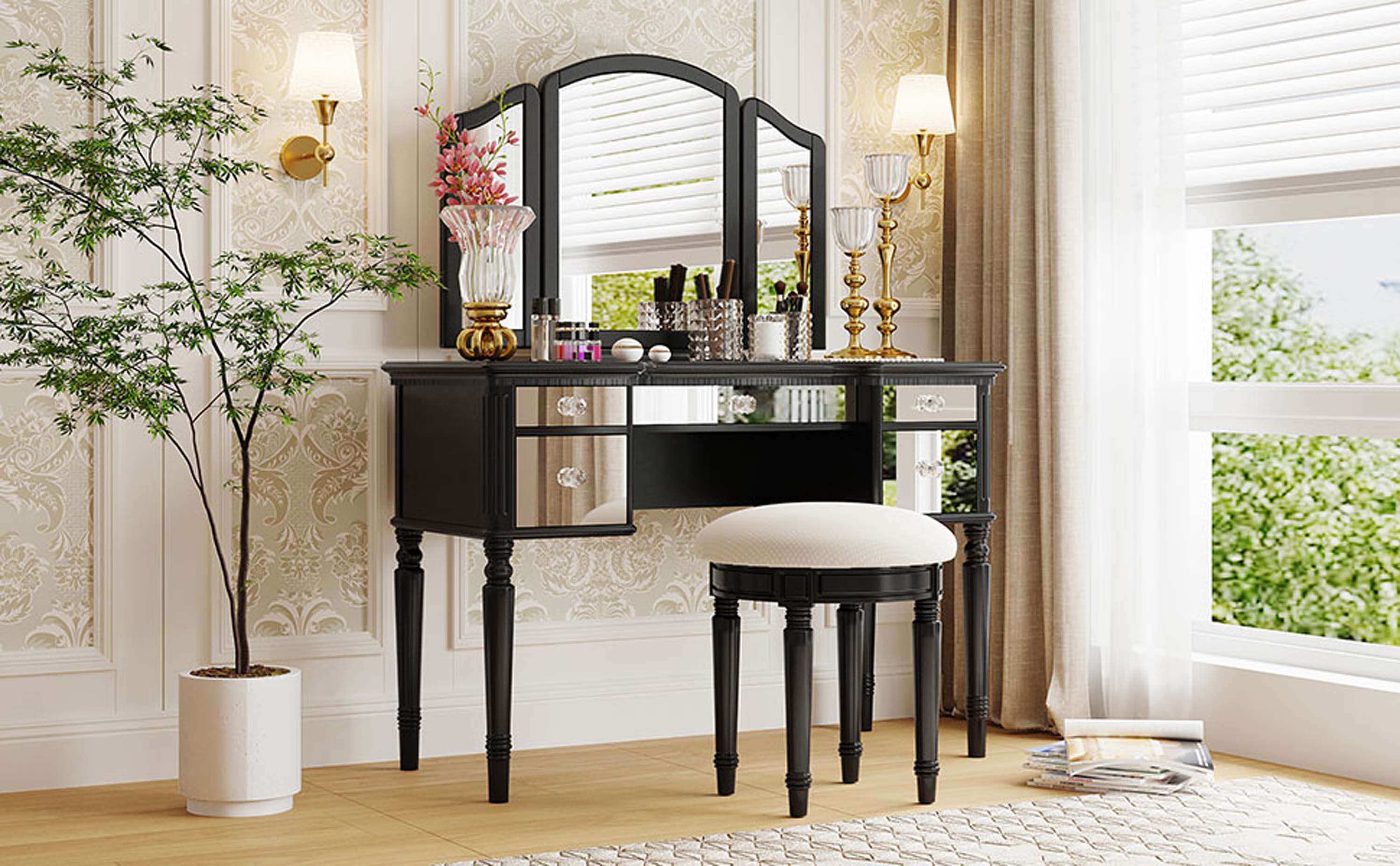 Rosdorf Park Dressing Table Set with Mirrored Drawers and Stool, Makeup ...