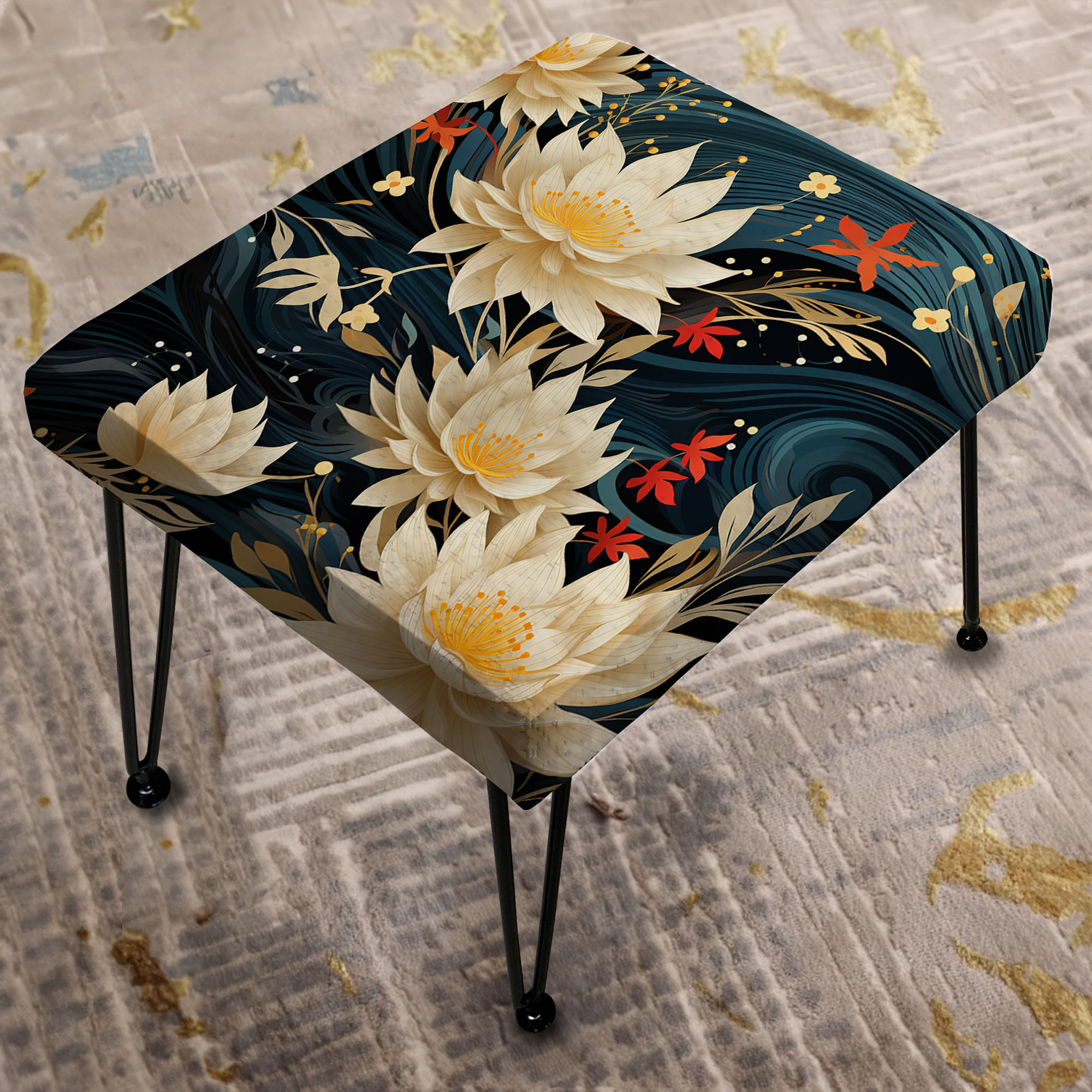 Design Art Beige Lotus Spiritual Harmony Zen - Floral Rectangle Ottoman ...