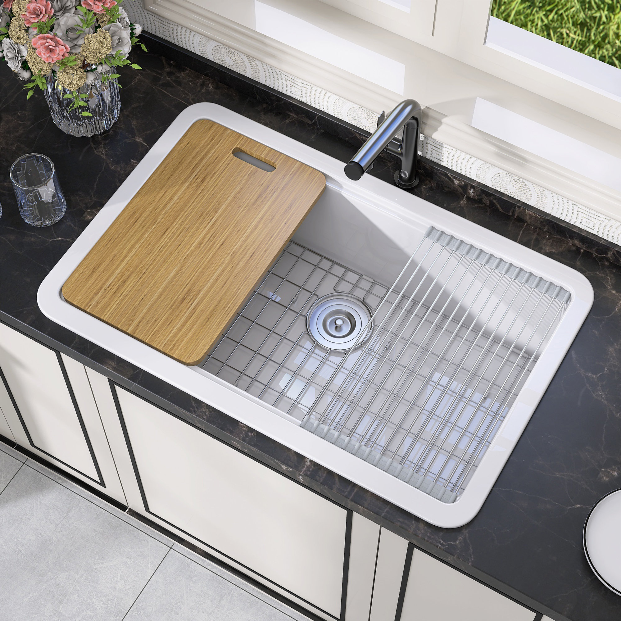 ZEAFIVE 33" L x 22" W Fireclay Workstation Kitchen Sink Large Single ...