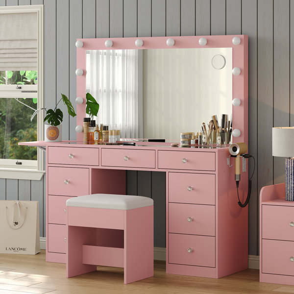 Latitude Run® Makeup Vanity with Power Outlet, 9 Drawers Vanity Desk ...