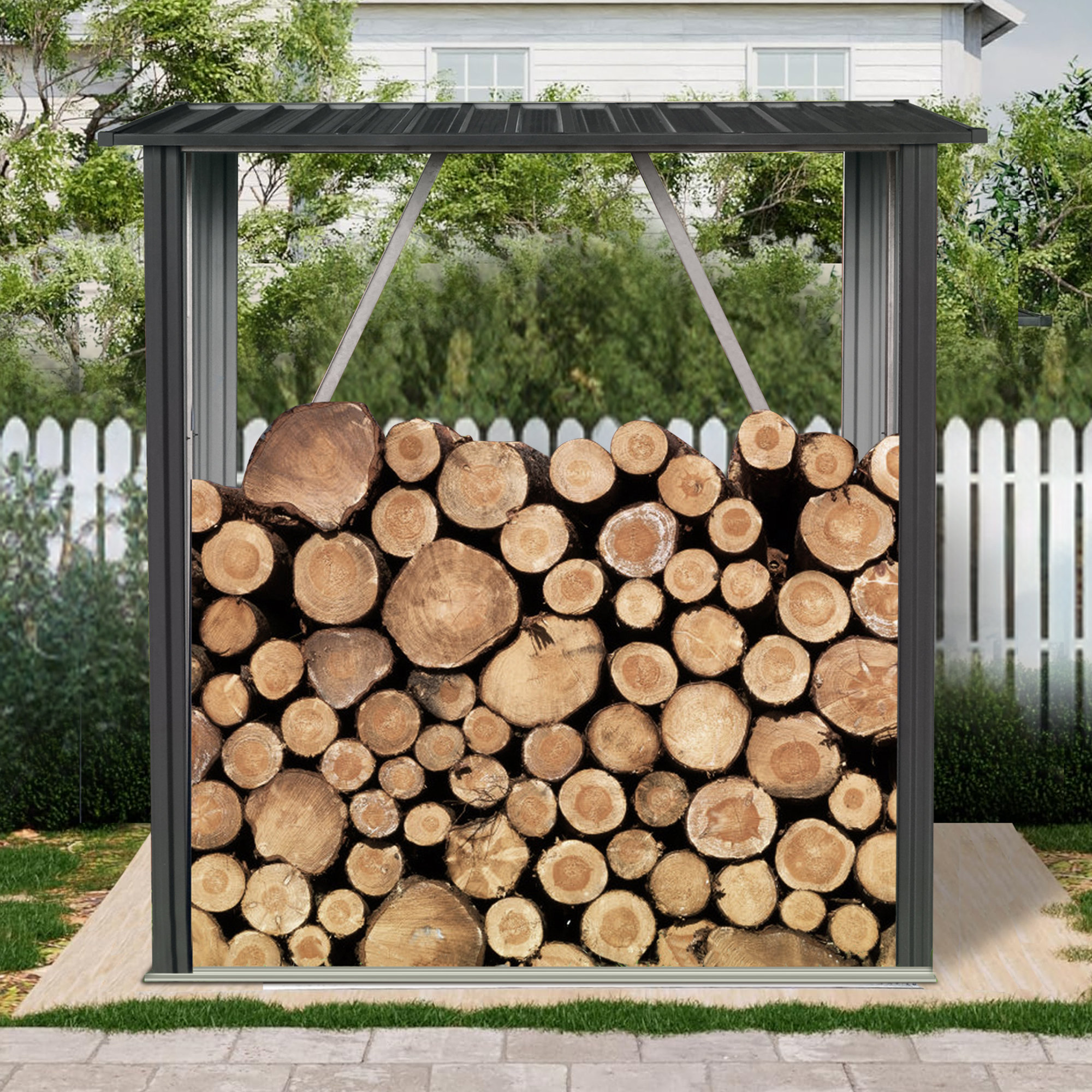 iYofe Outdoor Black Steel Firewood Rack - Open Wood Shed With Sloped ...