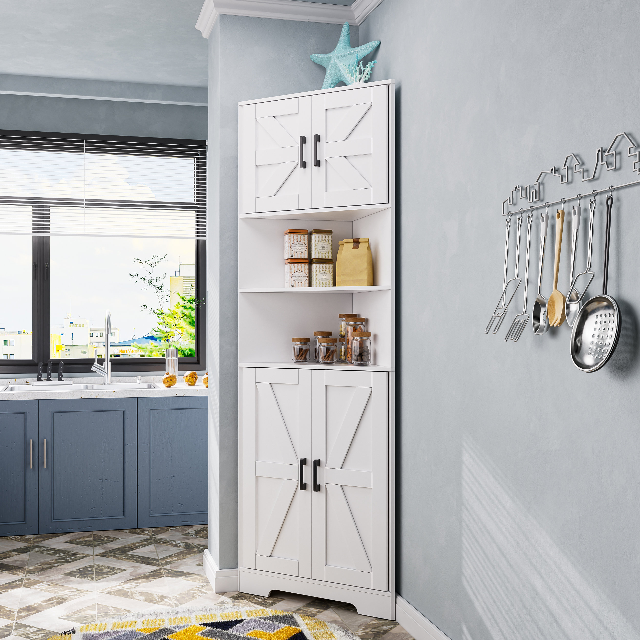 Gracie Oaks Armoire de coin Fonnie Farmhouse, haut rangement à 5 ...