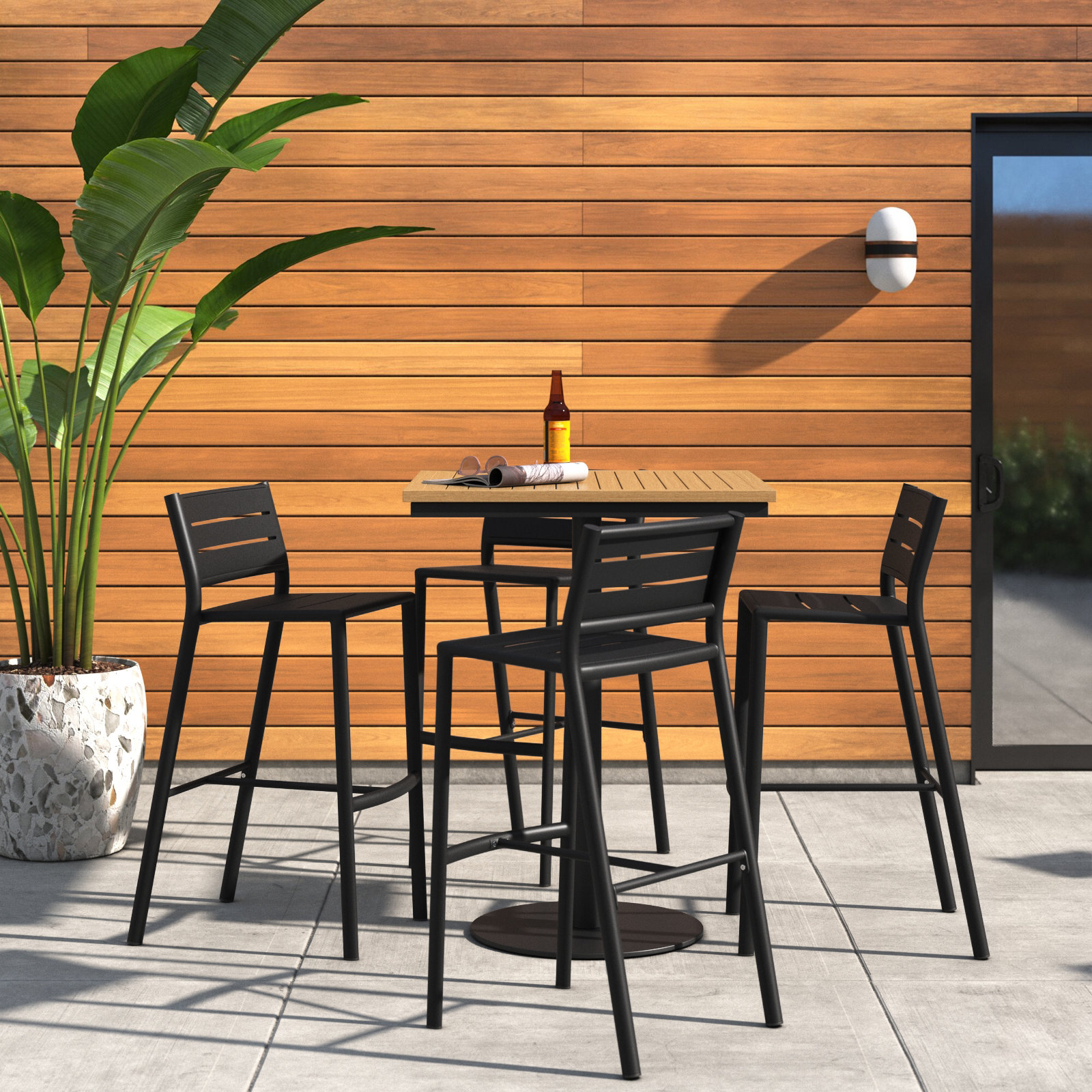 Oxford Garden Eiland 5-Piece 36" Square Bar Table & Aluminum Bar Stools ...