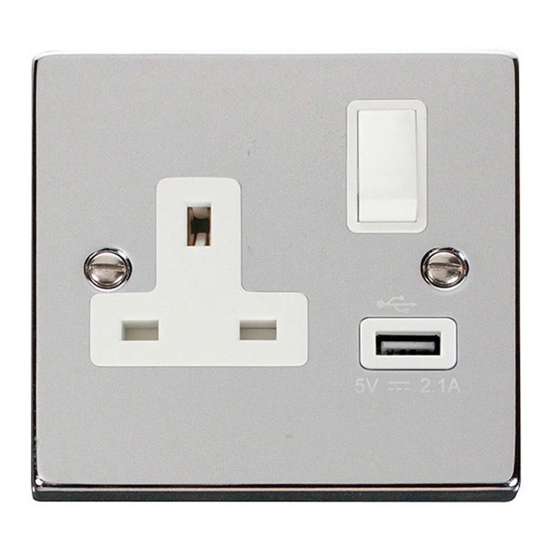 Metro Lane Polished Chrome 1 Gang 13A DP 1 USB Switched Plug Socket ...