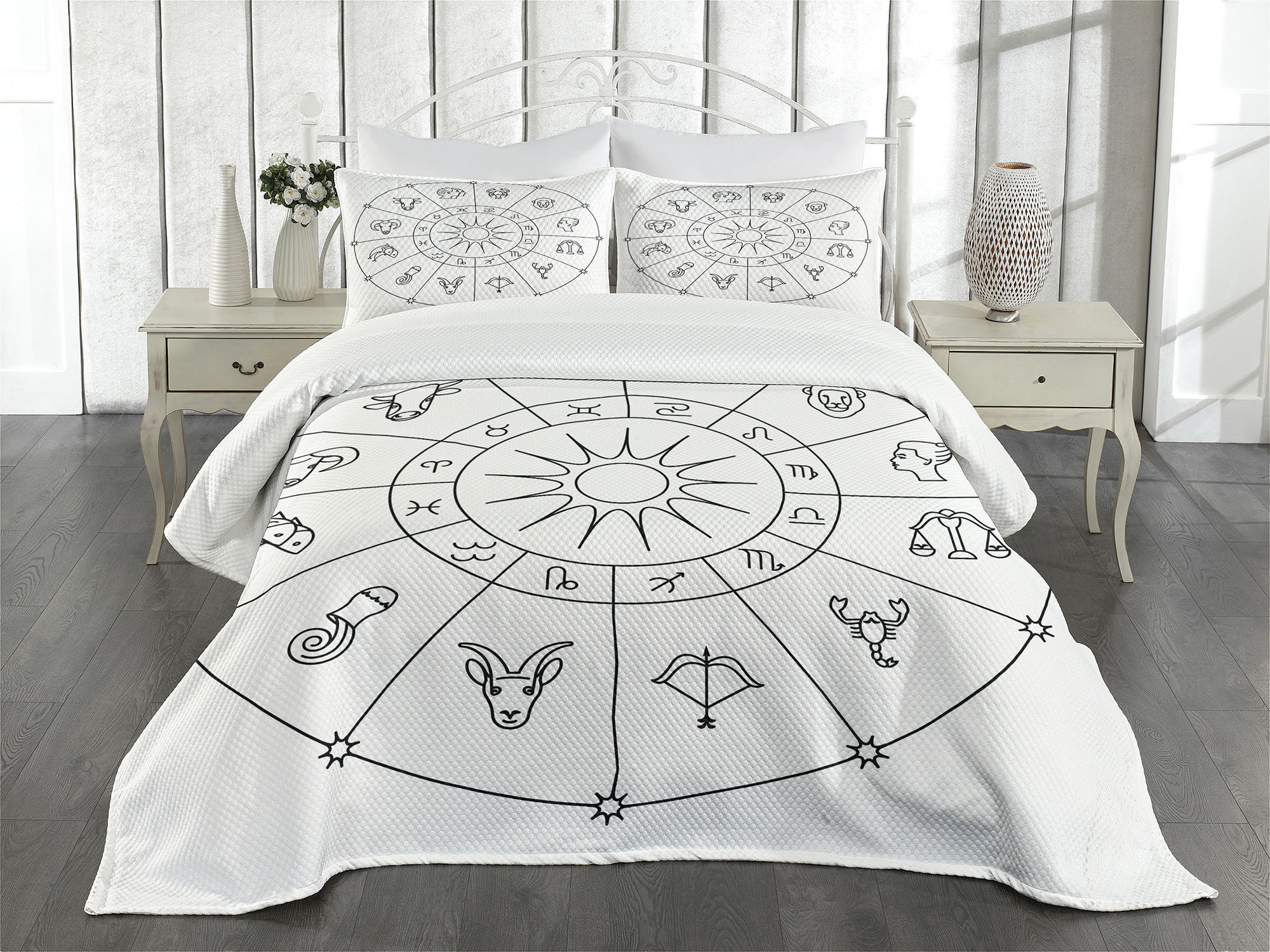 Ambesonne Astrology Bedspread Set 3 Pcs Sketchy Zodiac Circle Queen ...