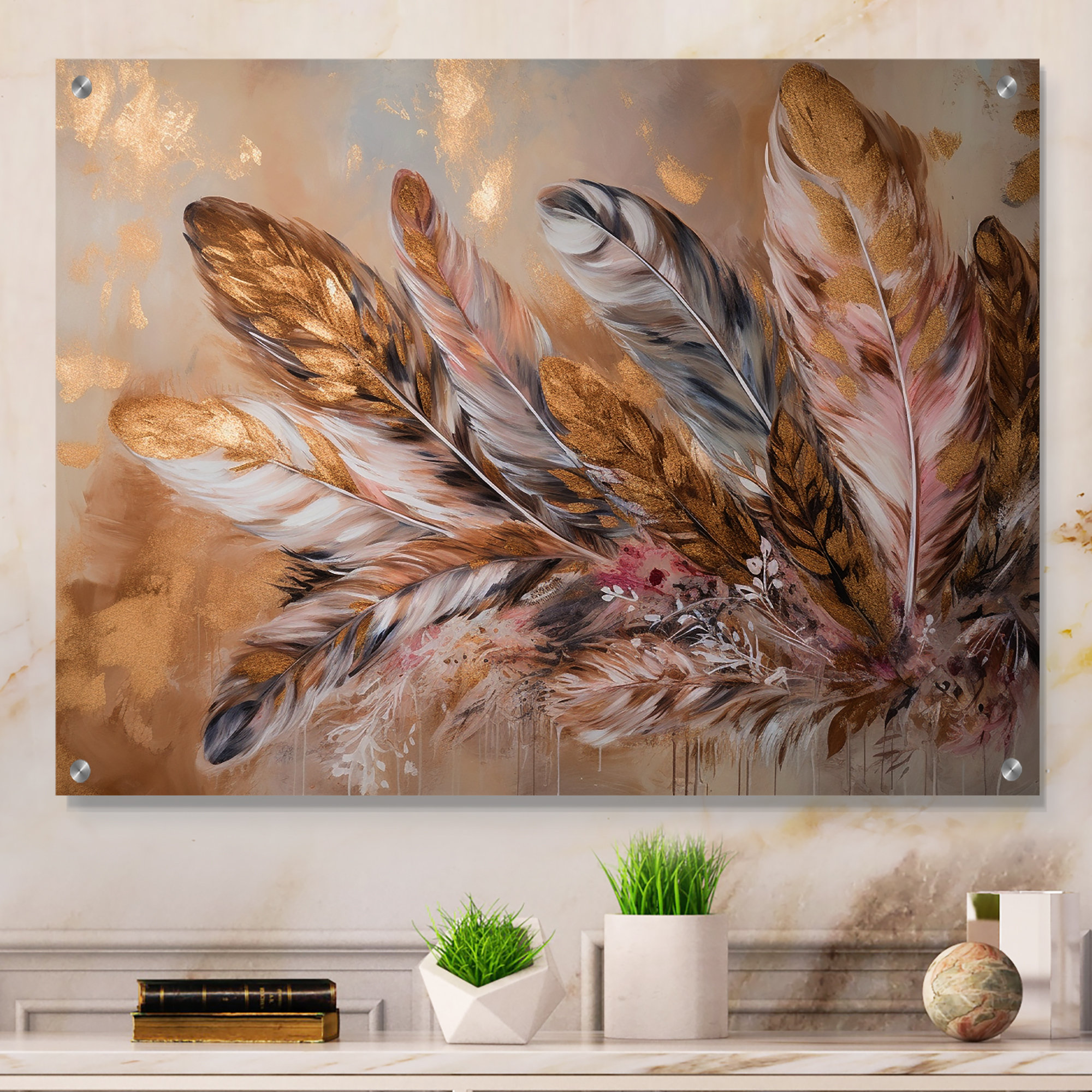 Dakota Fields Gold Feather Boho Majesty - Glam Feather Acrylic Wall Art ...