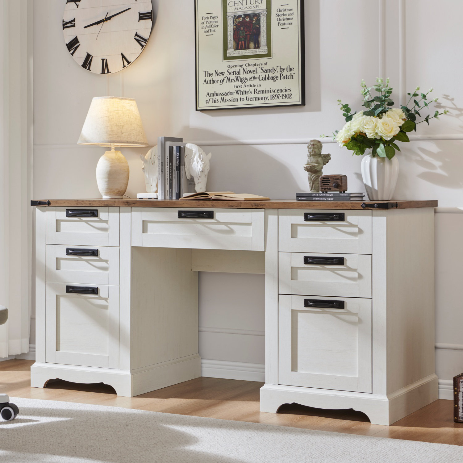 August Grove® Deserey 60" Farmhouse Executive Desk With Drawers,Wood ...