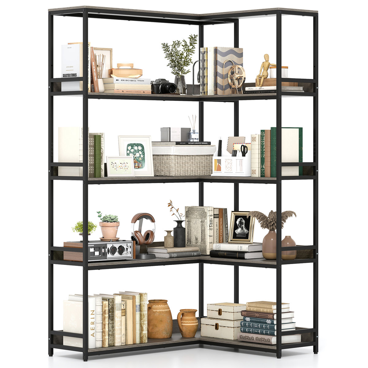 Borough Wharf 180 Cm Tall Corner Bookshelf 5-Tier L-Shaped Bookcase-Oak ...